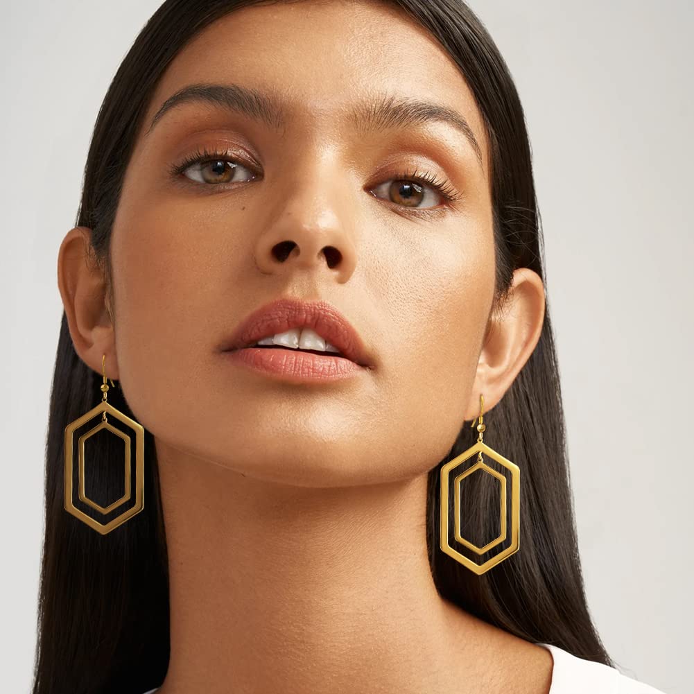 MORAOWA Gold Geometric Dangle Earrings for Women 14K Gold Plated Boho Hexagon Statement Drop Earrings Trendy 925 Sterling Silver Post Hypoallergenic Lightweight