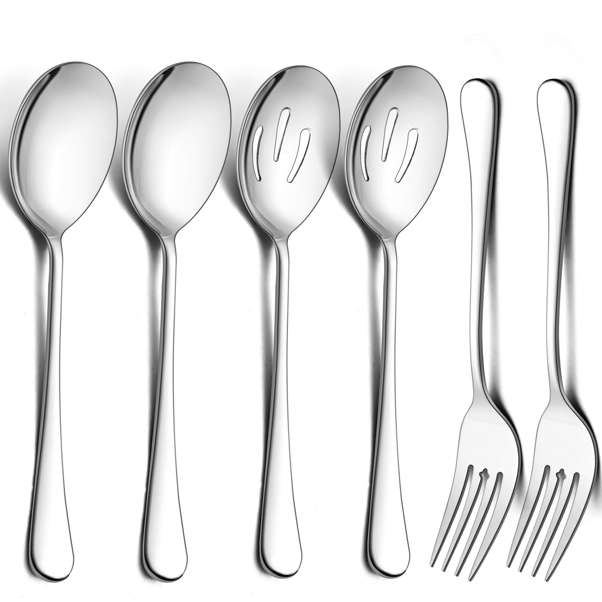 LIANYU Large Serving Spoons and Forks Set of 12, Stainless Steel Buffet Catering Dinner Party Slotted Serving Spoon Fork, 9.8 Inch, Mirror Finished, Dishwasher Safe