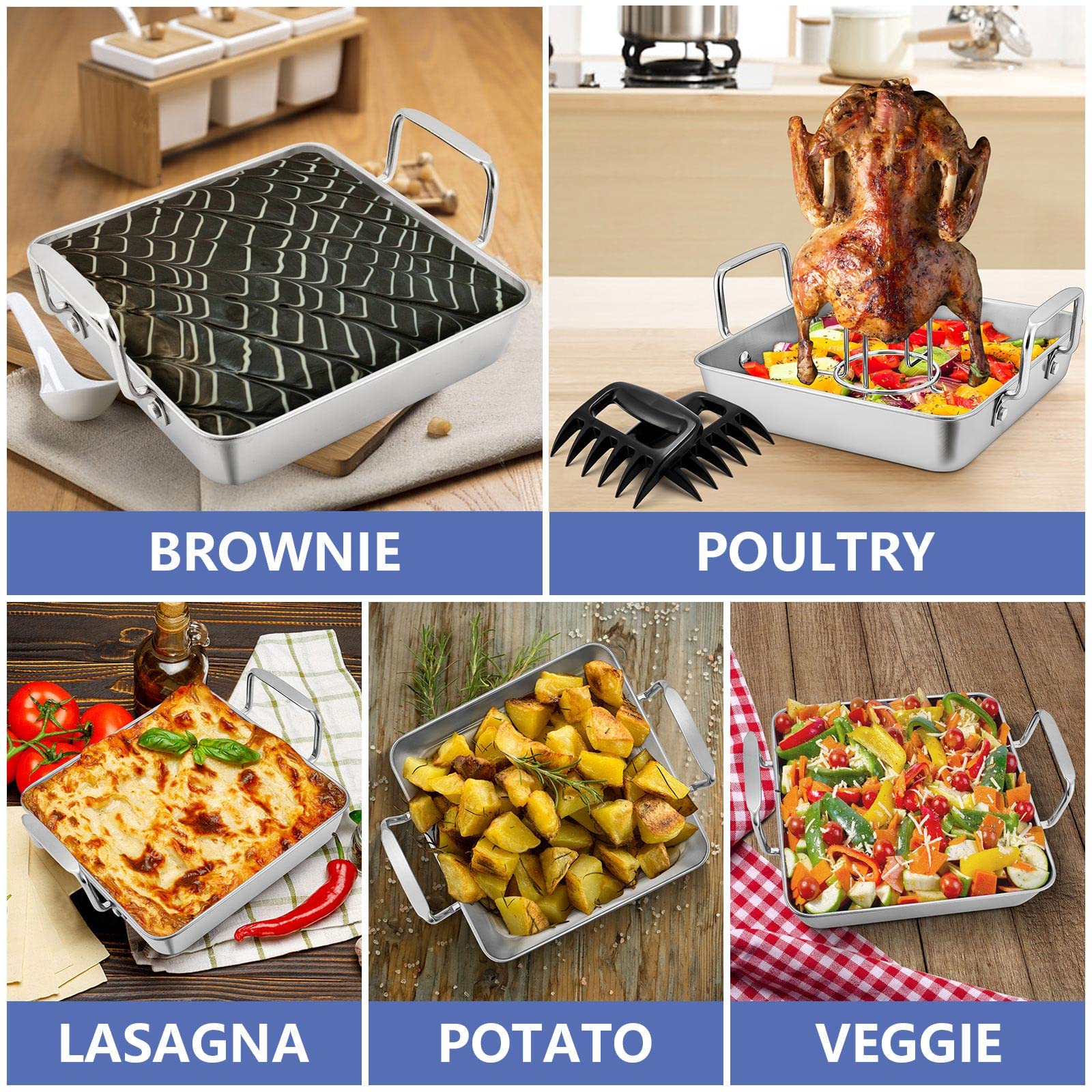 LIANYU Roasting Pan with Beer Can Chicken Holder, Stainless Steel Roaster Pan for Grill Smoker or Oven, Heavy Duty Lasagna Veggies Cooking Tray, Plus Meat Claws & Brush, Dishwasher Safe, 5 Pieces