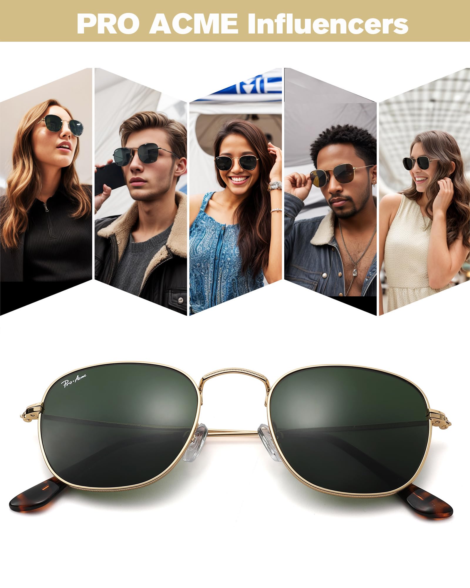 Pro Acme Classic Square Sunglasses,Vintage Metal Frame Trendy Shade Sun Glasses 100% Real Glass Lens(Gold/grey)
