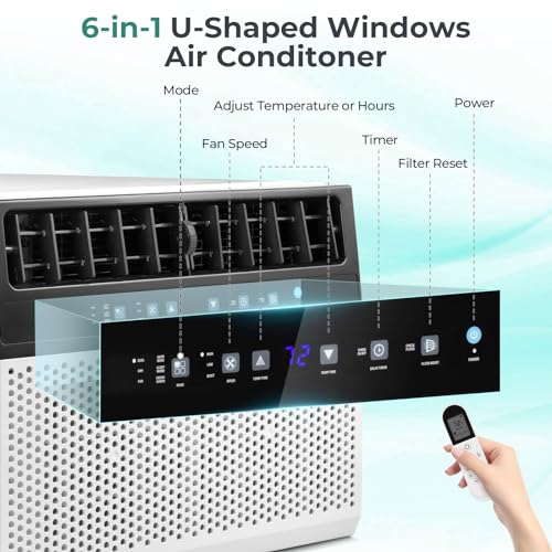 R.W.FLAME 10,000 BTU Window Air Conditioners, U-Shaped Air Conditioner Window Unit, Cools up to 450 Sq.ft, 6 Modes 24H Timer Energy-saving Window AC Units, Full Window View, White