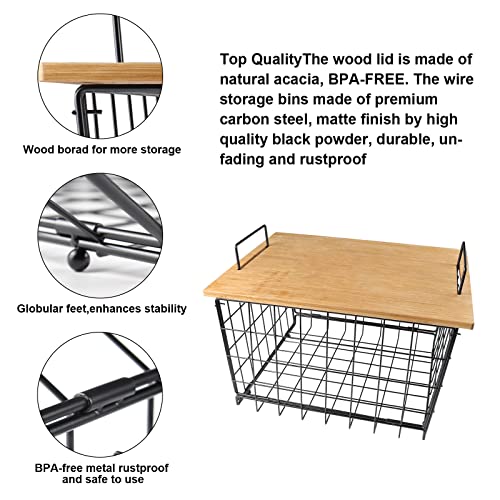 Stackable Wire Storage Baskets, TOBEFORT Fruit Basket for Kitchen Large Metal Bin for Cabinet Pantry Organization and Storage, Nesting Rectangular Basket with Wood Lid, Black