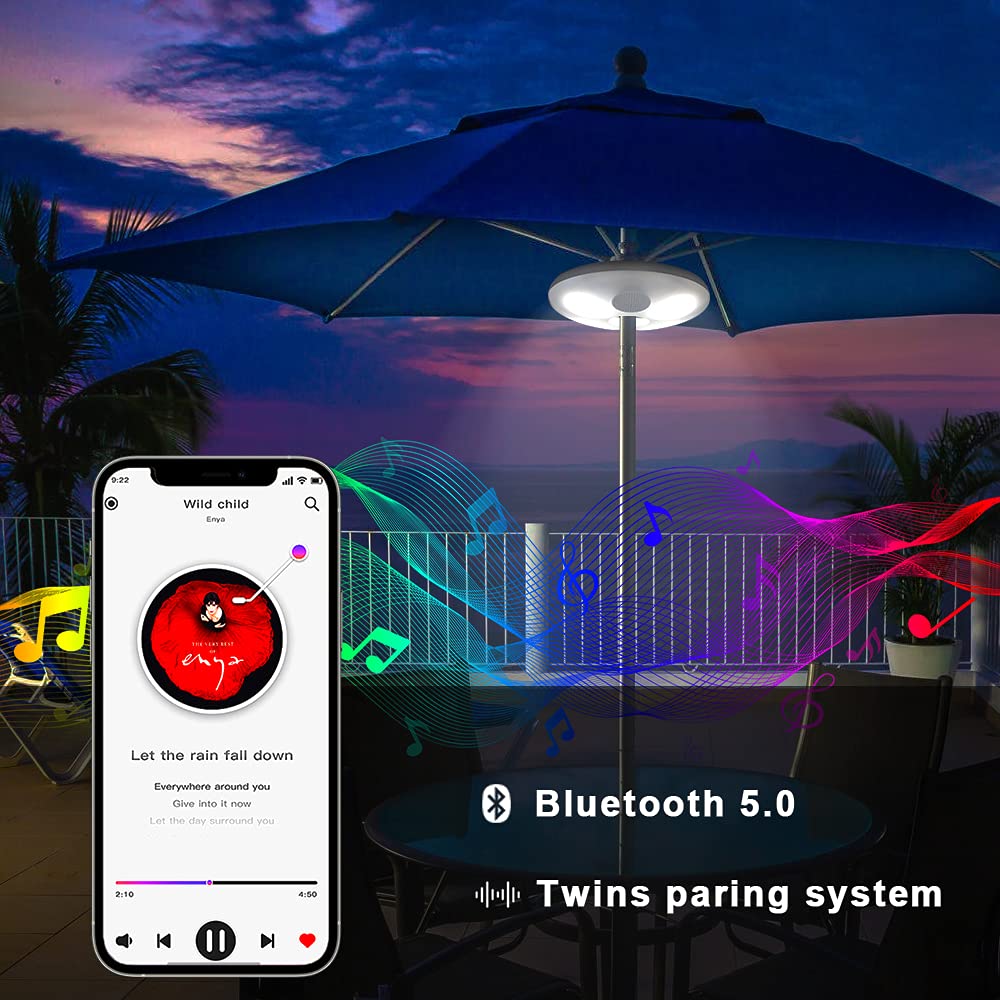 Patio Umbrella Light with Bluetooth Speaker,LED Outdoor Waterproof RGB Color Changing Parasol Light,Rechargeable USB Portable Tent Lamp for Camping Garden Patio Restaurant