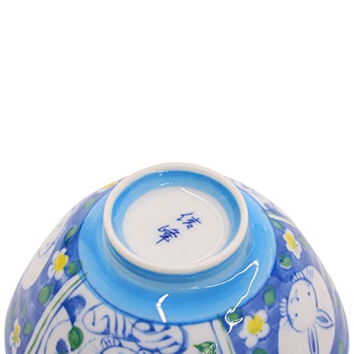 Mino Ware Rice Bowl Set, 4.4 inch, Red Rabbit Design, Blue, Japanese Ceramic Bowls, 5.2 oz, Set of 2