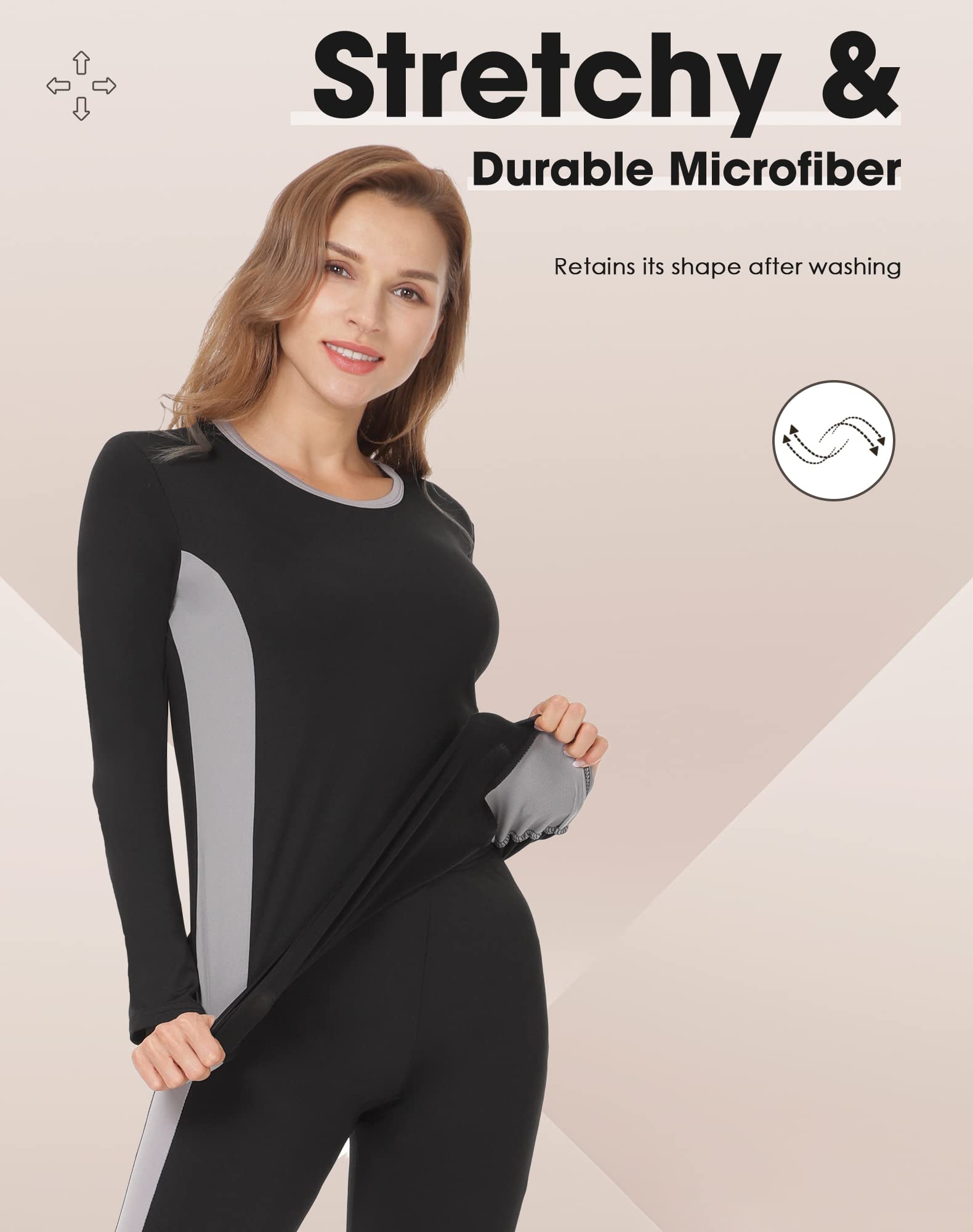 MANCYFIT Thermal Underwear for Women Long Johns Fleece Lined Base Layer Women Cold Weather Black and Grey Large