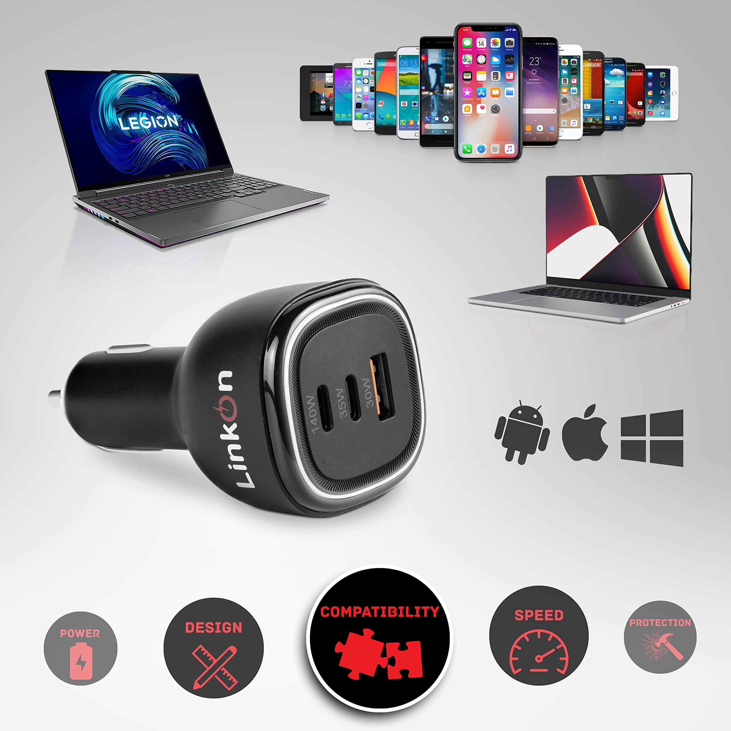 LinkOn 165W Car Charger with 140W PD3.1 USB-C and 30W QC3.0 UAB-A Compatible with MacBook Pro 16β 2021 Lenovo Legion 7 7i HP Dell Samsung Apple