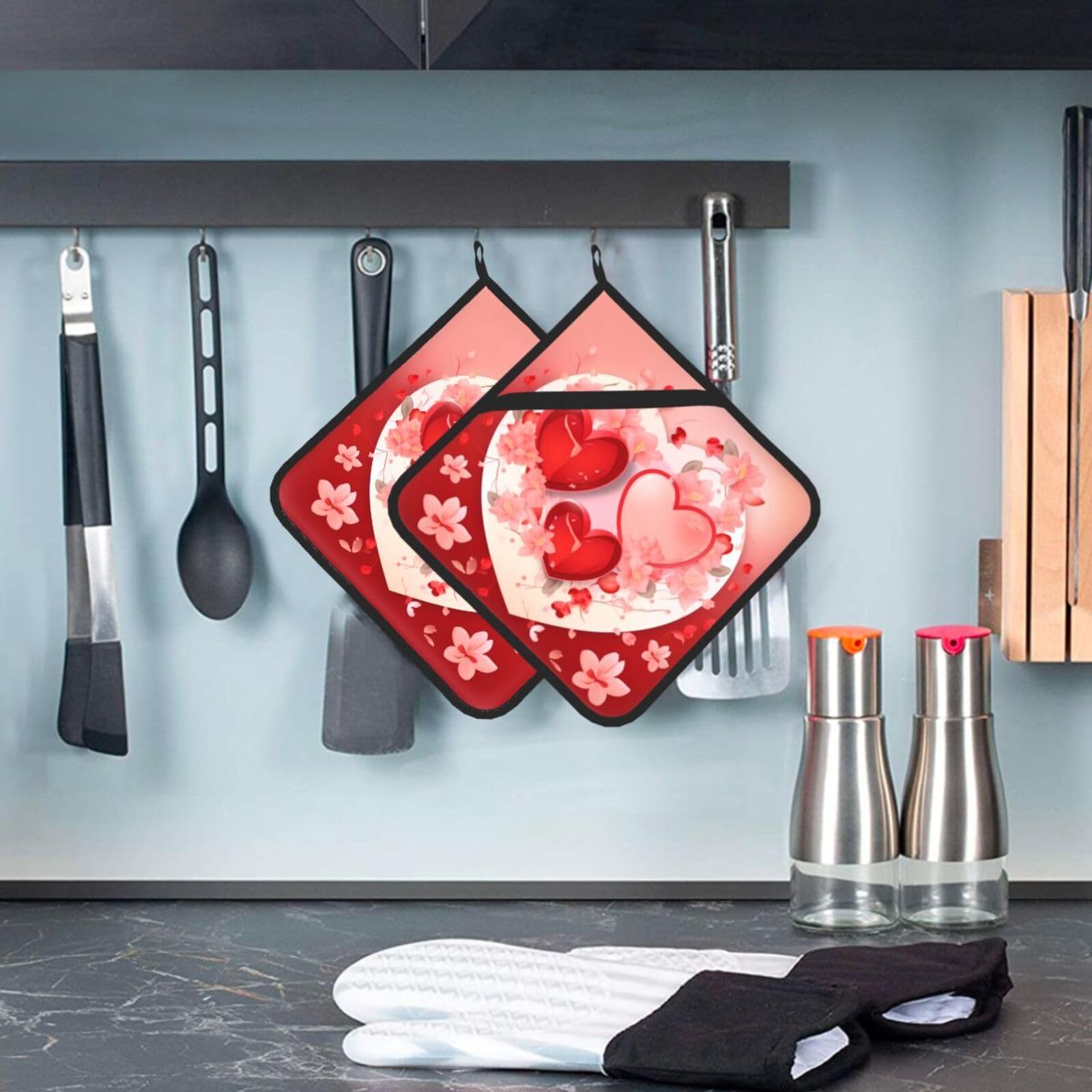 Mother's Day with Red Hearts Pot Holders Sets 2-Piece Set Washable Decorative Kitchen Gift for Cooking Baking BBQ