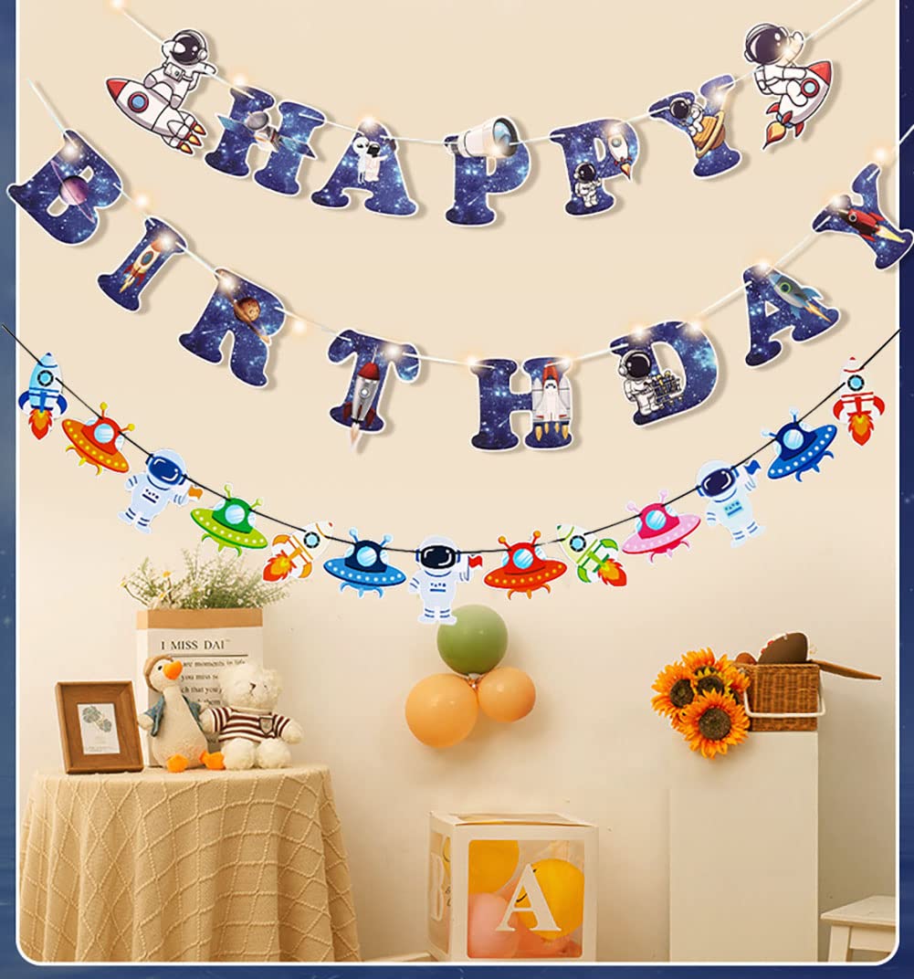 Outer Space Birthday Party Decorations Outer Space Happy Birthday Banner with Outer Spaceship Bunting Garland for Kids Boy Galaxy Planet Universe Outer Space Theme Party Decorations Supplies