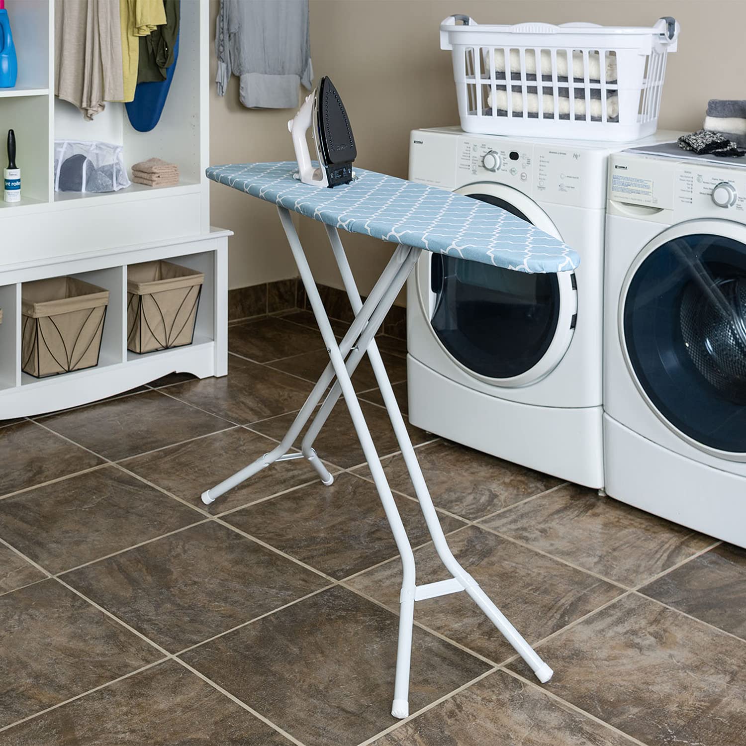 Homz 4 Leg Steel Top Standard Freestanding Folding Ironing Board with White Frame, Blue Lattice Cotton Cover, and Foam Padding