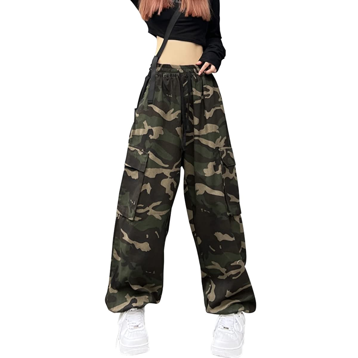 Linsennia Camo Cargo Pants for Women Baggy Y2k Parachute Pants Wide Leg with Pockets Girls Streetwear Goth