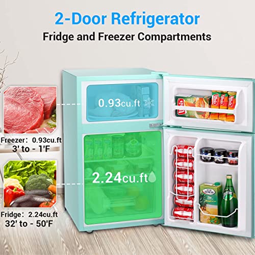 Joy Pebble Small fridge with freezer,3.2 cu.ft compact refrigerator with freezer,Mini Fridge for bedroom, Dorm or Apartment with Adjustable Removable Glass Shelves