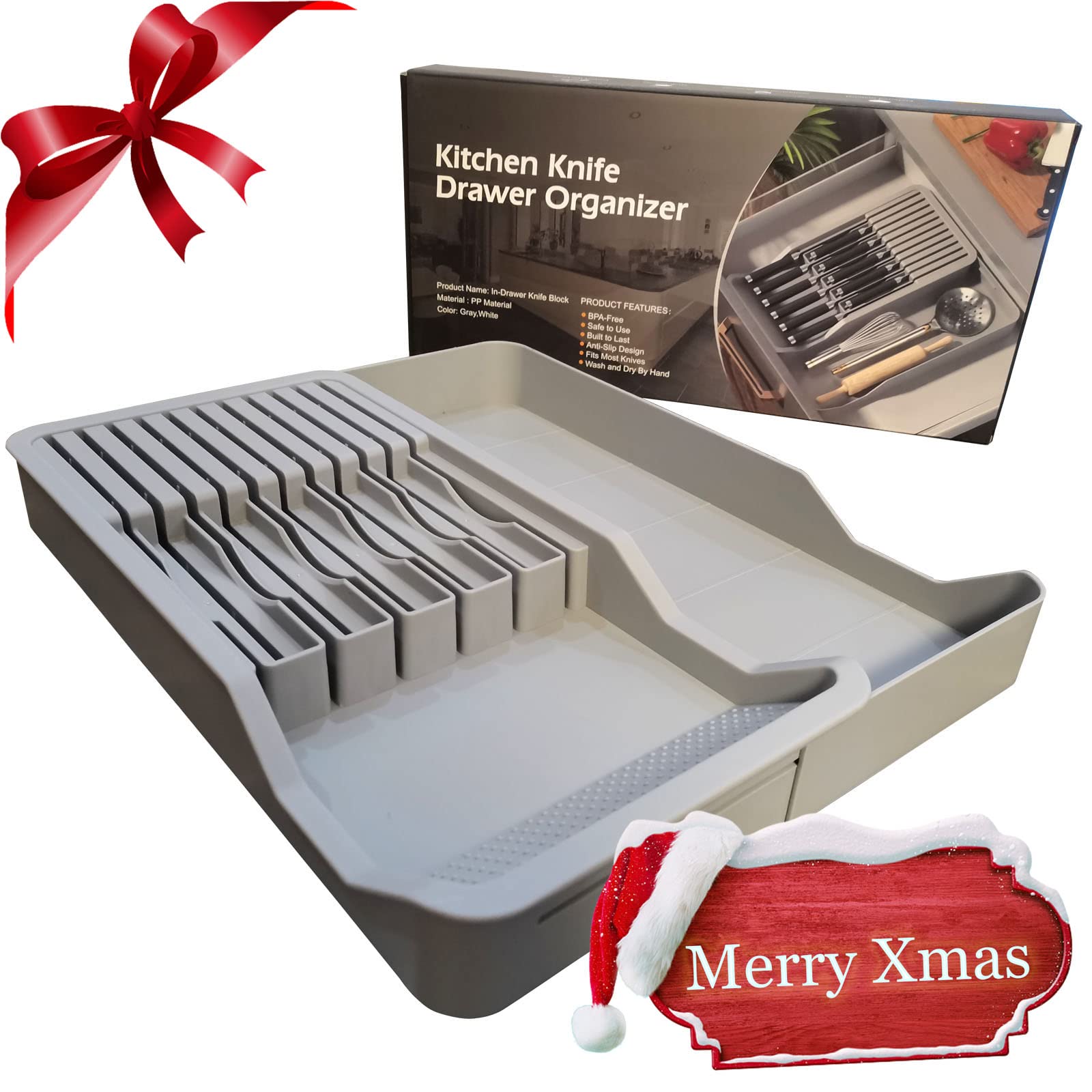 Mulikeer Knife Holder, In Drawer Knife Block Holder with Expandable Cutlery Tray Kitchen Drawer Organizer Insert-Holds 11 Knives for Save Space & Kitchen Safety (Drawer knife holder, Plastic)