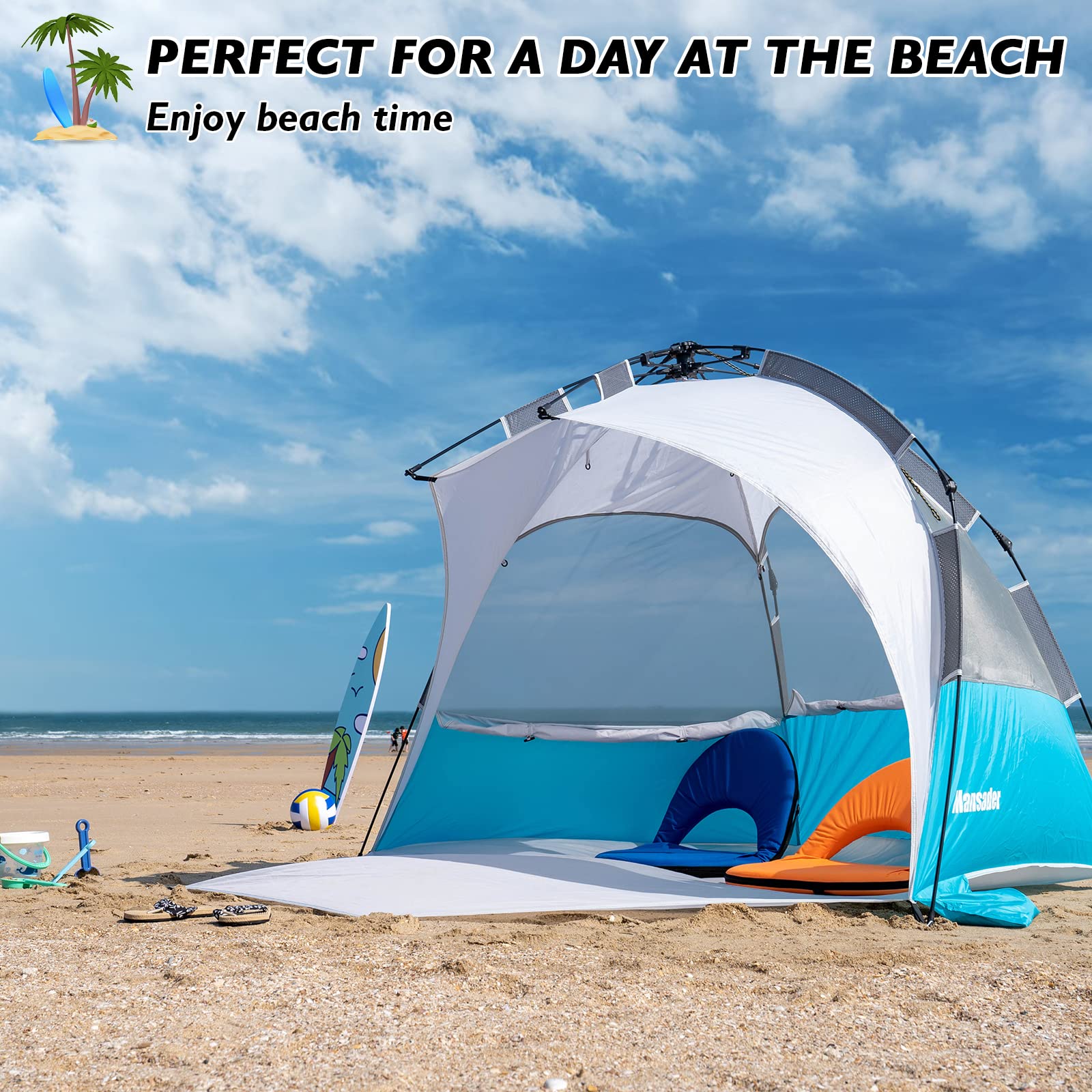 Mansader 2-3 Person Large Instant Pop Up Beach Tent, UV Protection Portable Easy Setup Sun Shade Shelter, Extended Floor with 3 Ventilating Mesh Windows for Outdoor Camping Fishing (Light Blue)