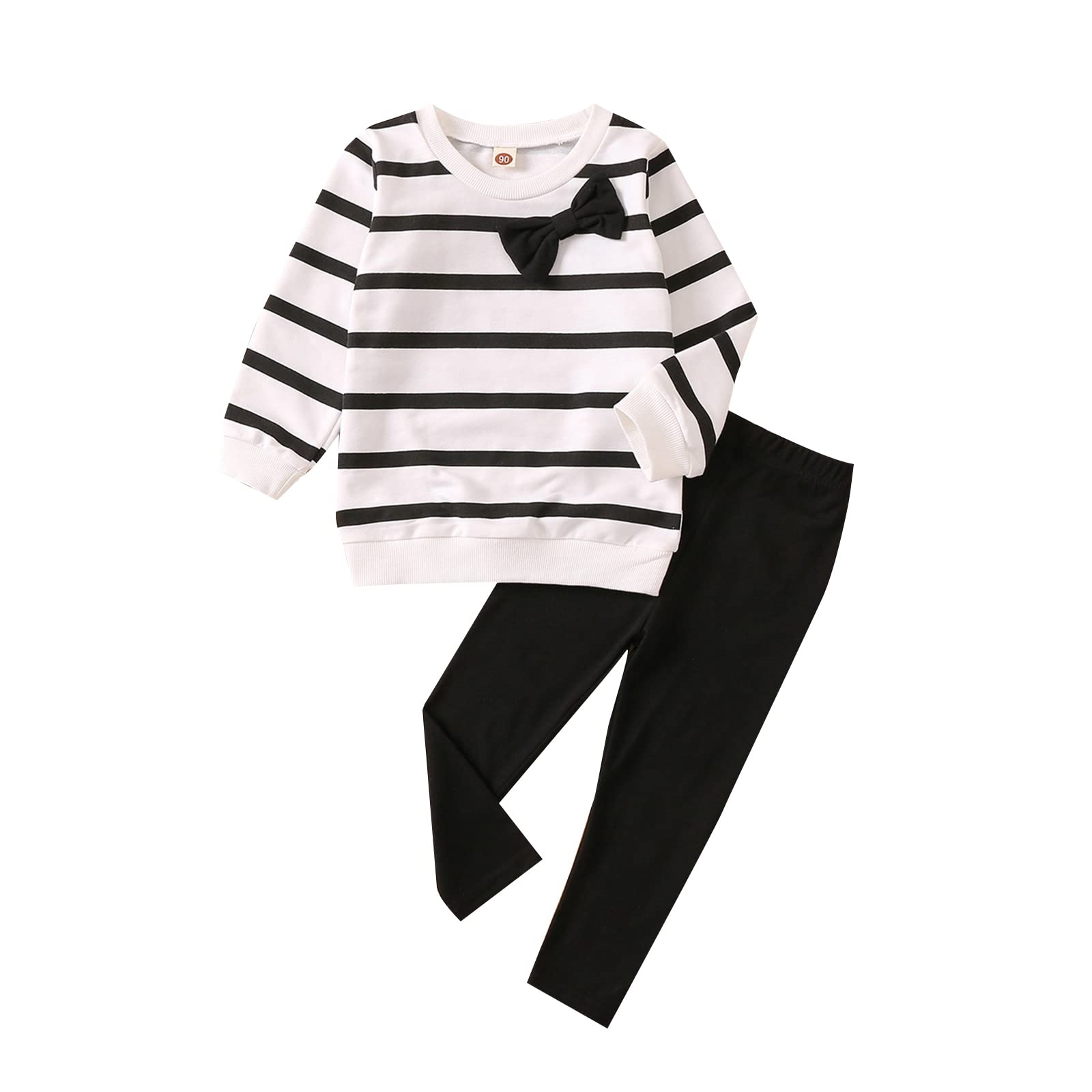 Ritatte Toddler Baby Girl Outfits Striped Bowknot Long Sleeve Pullover Sweatshirt Tops Solid Pants Cute Fall Winter Clothes(Black, 4-5T(120))