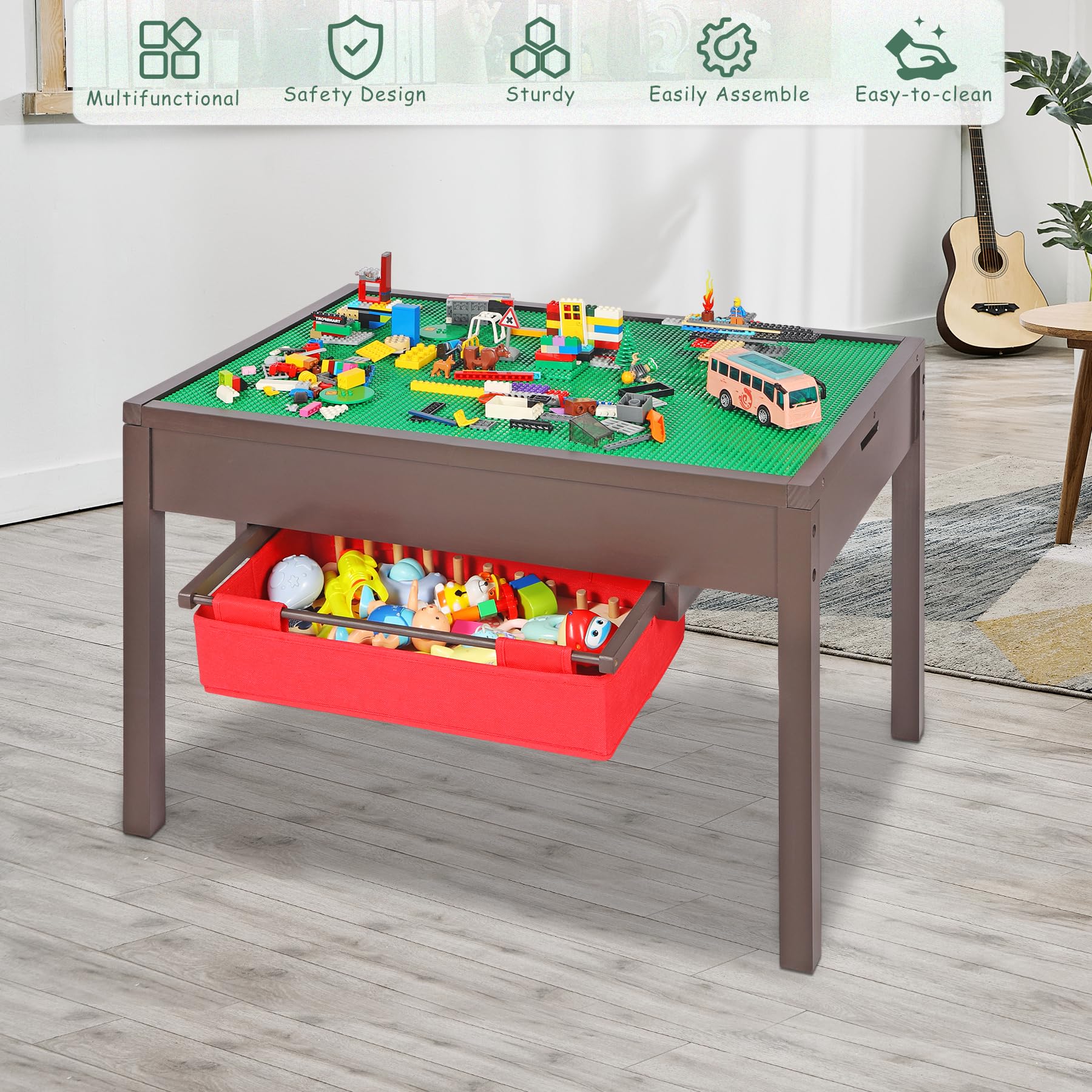 RedSwing 2 in 1 Kids Activity Table with Storage Drawers, Wooden Construction Play Table with Detachable Blocks and Blackboard Tabletop,Compatible with Lego and Duplo Bricks,Grey