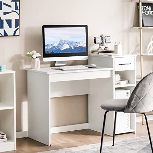 STAKOL White Desk with Drawers, Compact Study Writing Table, PC Laptop Workstation with CPU Stand & Shelves, Computer Desk for Small Space Home Office (White)