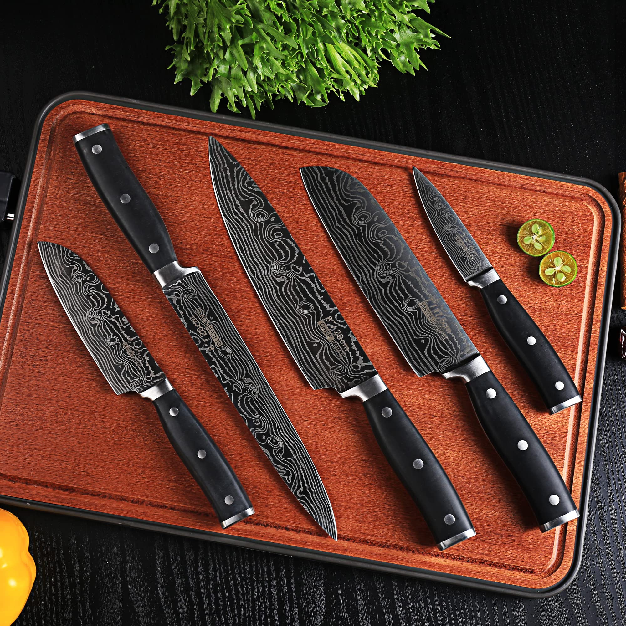 Kitchen Knife Sets, High Carbon Stainless Steel Knife Set with Wood Case, 5-Piece Chef Knives with Ergonomic Triple Riveted Handle, Rust-proof For Home and Restaurant Use, Easy to clean