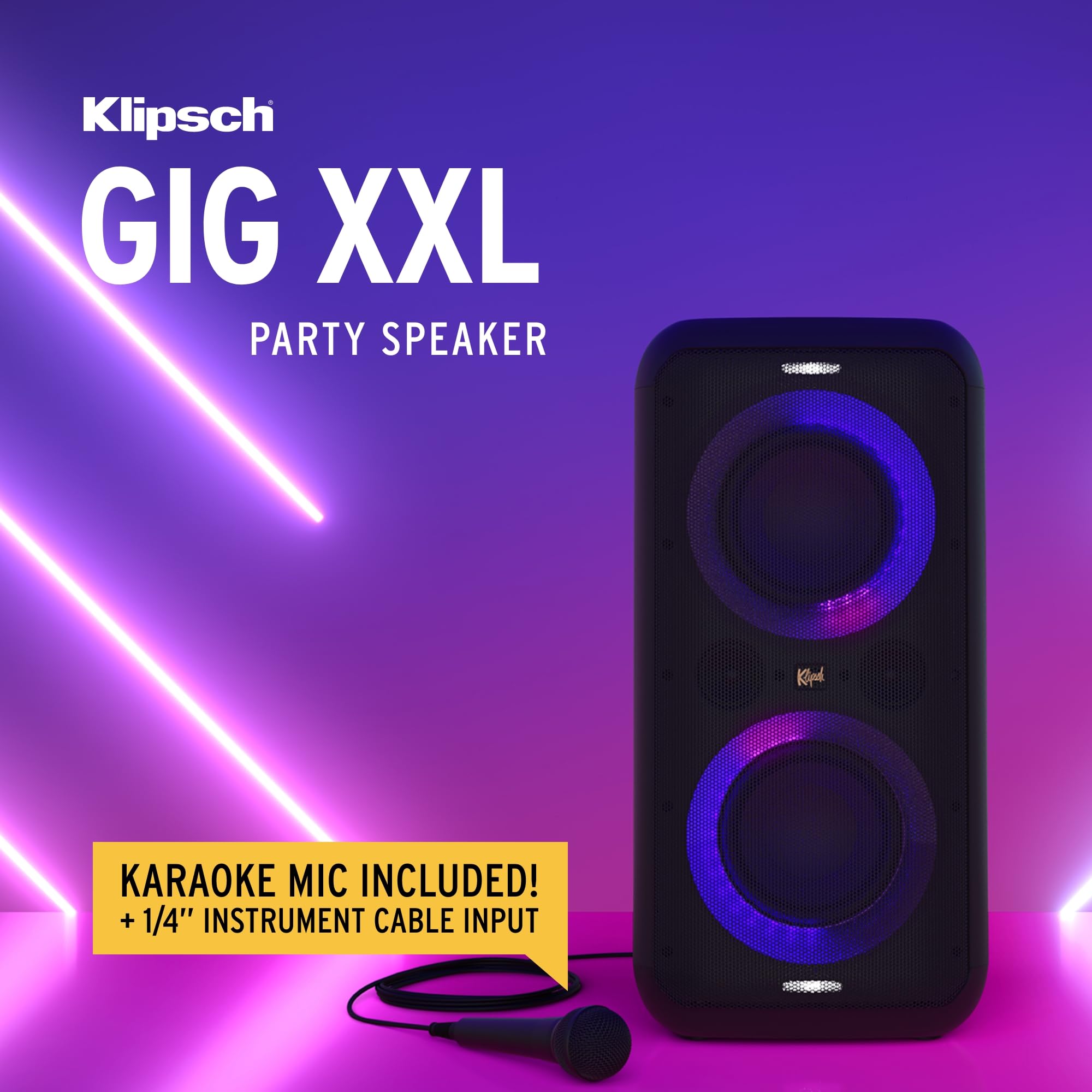 Klipsch Gig XXL, Black - Portable Wireless Bluetooth Speaker - Multiple Color Modes - Bass Boost - Two 6.5" Woofers & Two 2" Tweeters - 8-Hour Playtime