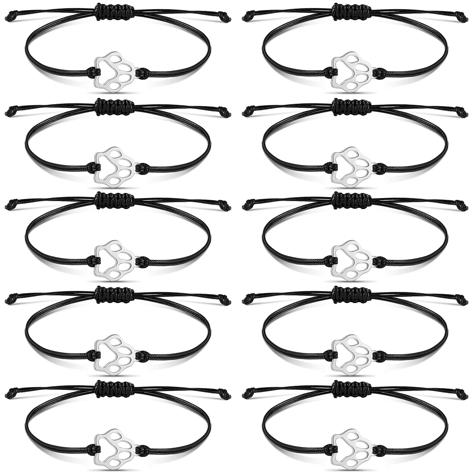 Junkin 10 Pieces Paw Print Bracelets Vet Tech Week Gifts for Women Men Teens Handmade Adjustable Strings Stainless Steel Dog Cat Paw Print Bracelets Family Friend Couple Jewelry Christmas Gift (Black)