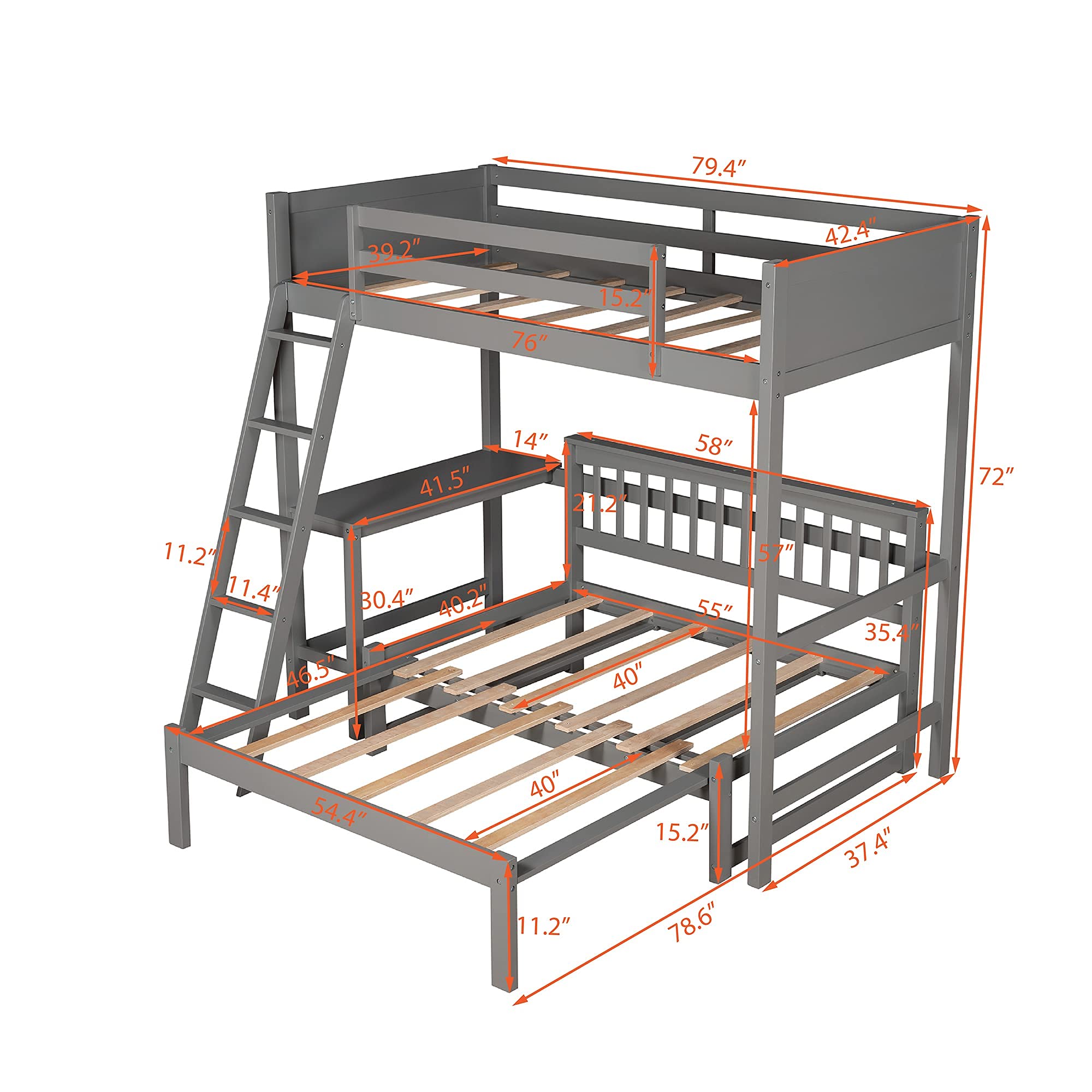 MERITLINE Twin Loft Bed with Convertible Lower Bed, Wood Kids Loft Bed with Desk, Twin over Full Bunk Bed with Ladder,No Box Spring Needed,Grey