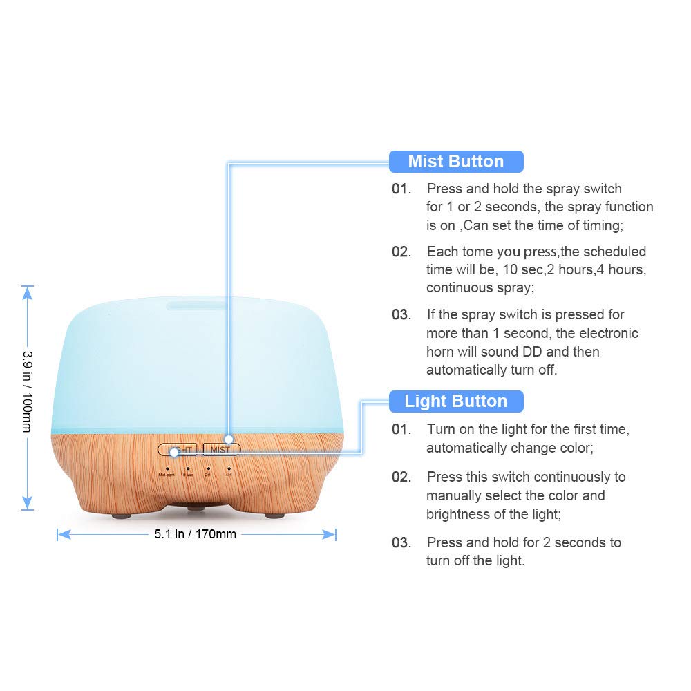 Kamon 300ml Essential Oil Diffuser Humidifier, Remote Control Ultrasonic Aromatherapy Diffusers Room Decor with Adjustable Mist Mode,Water-Less Auto Shut-Off & 7 Color LED Lights (White.)