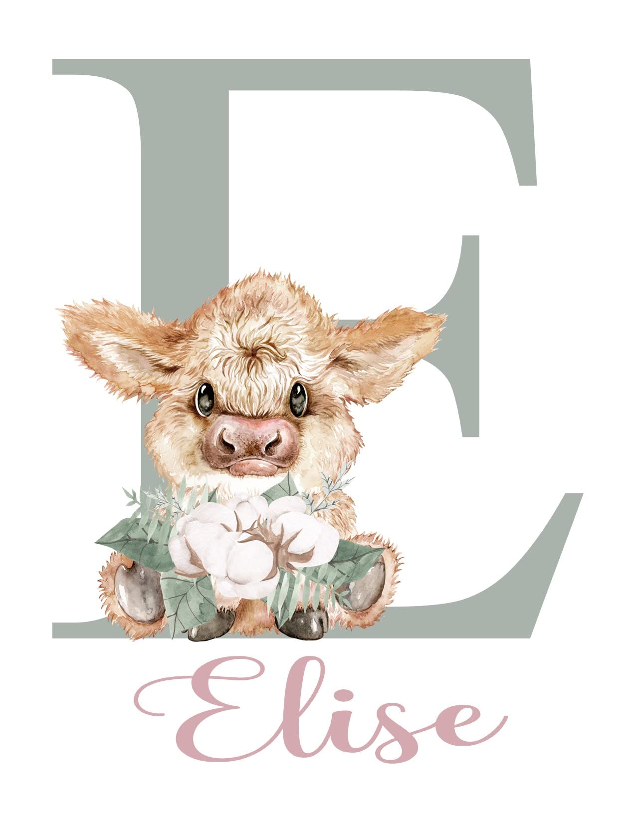 Personalized Watercolor Highland Cow Sage Green and Dusty Rose Rustic Cotton Farmhouse Baby Nursery Unframed Print