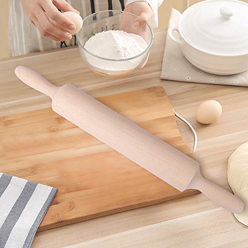 Meilexing Rolling Pin Beech Wood Wax Free, Professional Dough Roller for Baking Pasta Pizza Fondant Cookie Noodles Bread, 15x1.5 inch(With handle),the roller is 9 inch