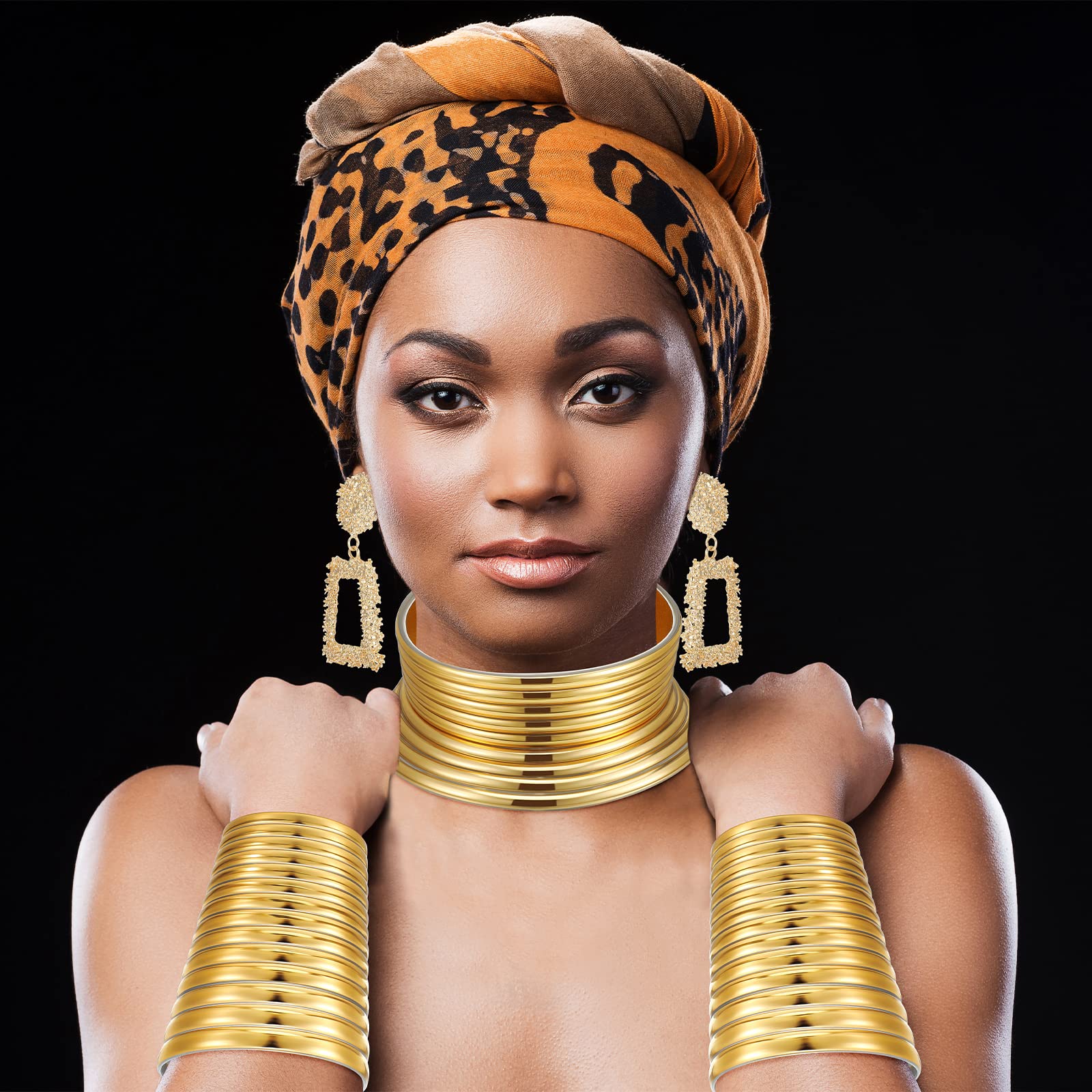 Junkin 5 Pieces African Vintage Jewelry Set Includes Statement Choker Egypt Gold Tone Long Neck Collar Leather Bracelet Stud Earring for Women
