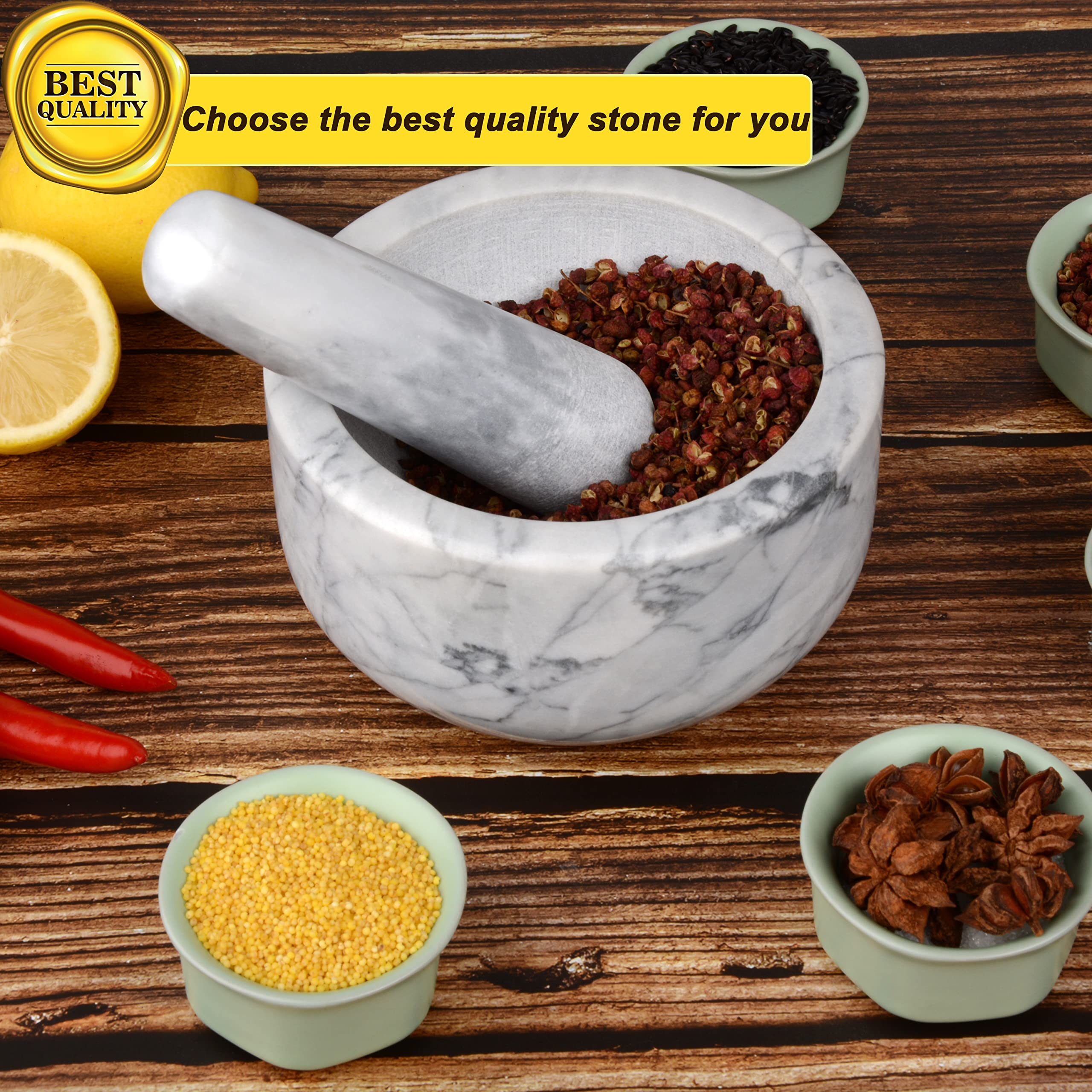 Mortar and Pestle Set Polished Natural Marble Stone Guacamole Molcajete Bowl with Base Silicone Pad,Matching Stainless Spoon and Matching Small Brush (Large, White Gray)