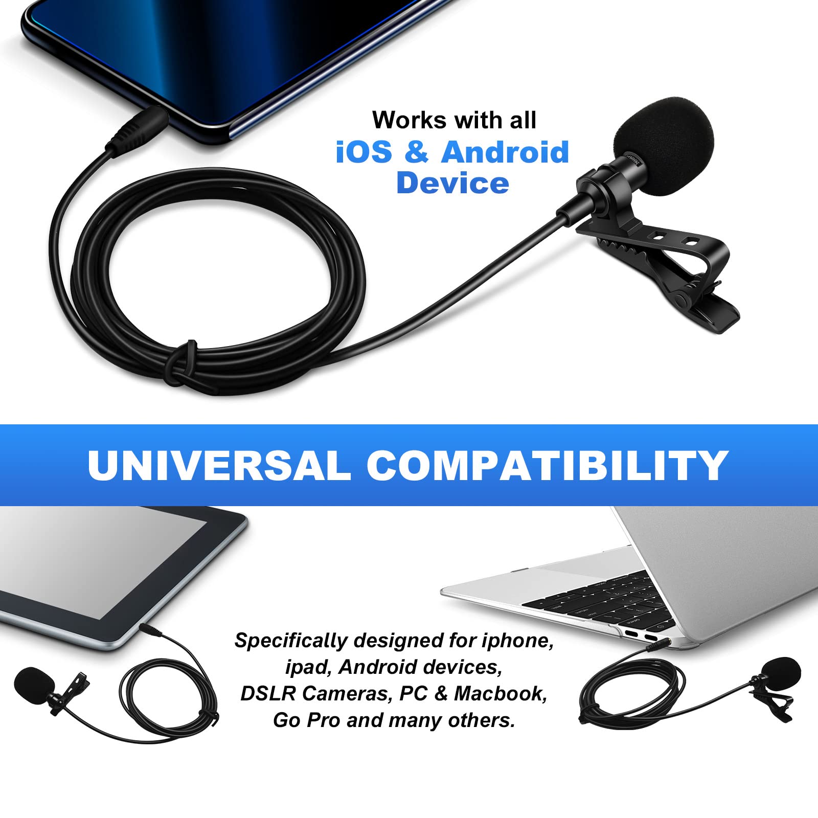 Mini Microphone for iPhone & Android Smartphone, Premium Lavalier Lapel Microphone for YouTube, Tiktok, Video, Interview, Professional Recording Microphone, Noise Cancellation, Great Sound Quality