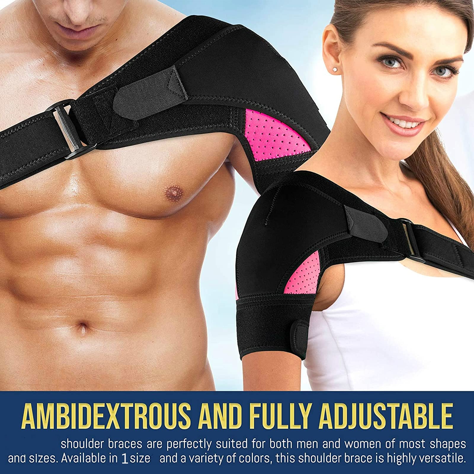 Lzour Shoulder Support Brace for Men and Women - Adjustable Wrap Compression and Stability for Chronic Pain and Aches in Injuries Such As Torn Rotator Cuff, Dislocated AC Joint (M - XL),Pink,L/XL