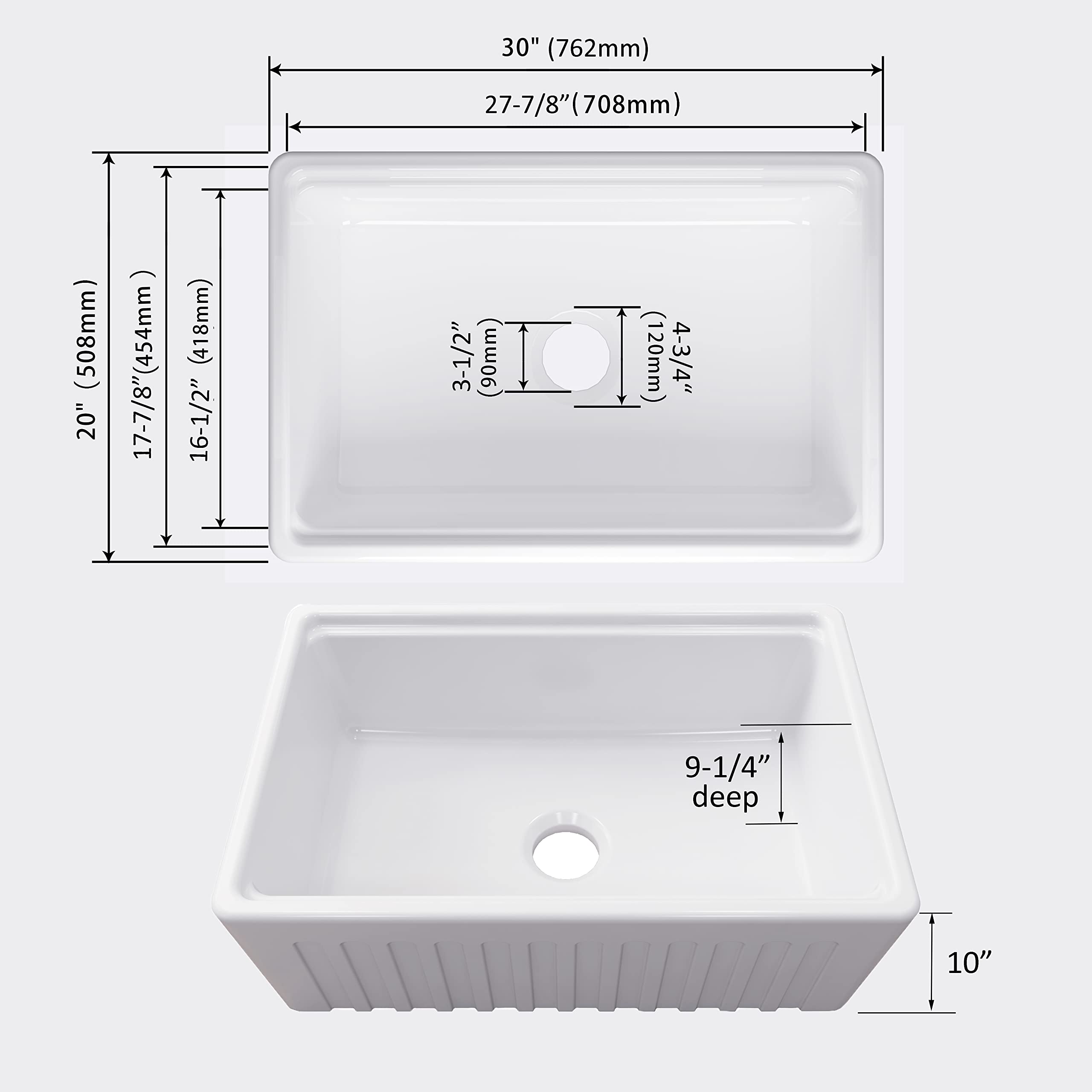 MEJE #KS 30x20 inch Apron-front Step Rim Workstation Farmhouse Kitchen Sink,Ceramic Single Bowl with Cutting Board,Grid & Strainer - White