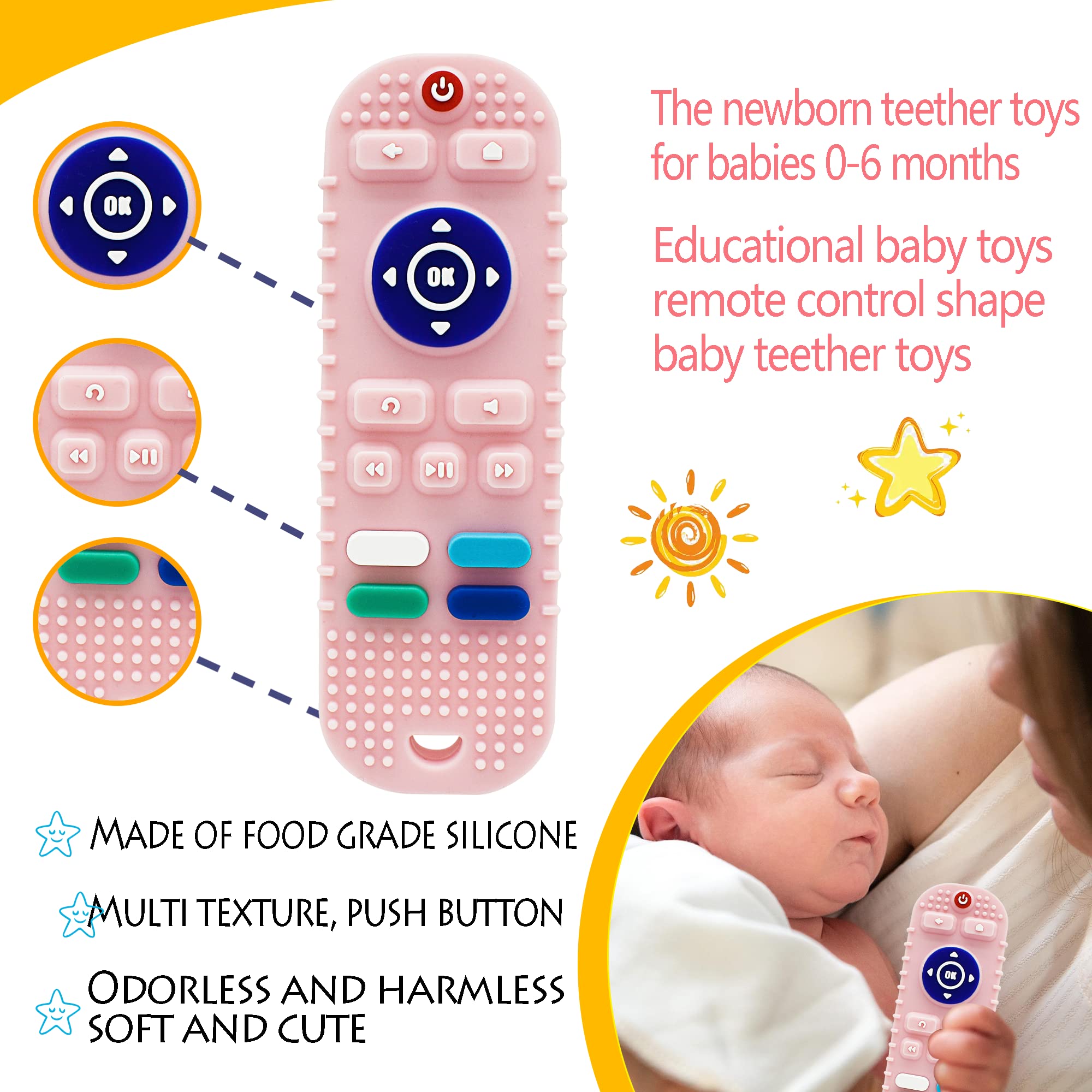 Remote Control Teether Toy for Babies 6 to 12 Months,Baby Teething Toys Tv Remote Shape with Pacifier Clip(Pink)