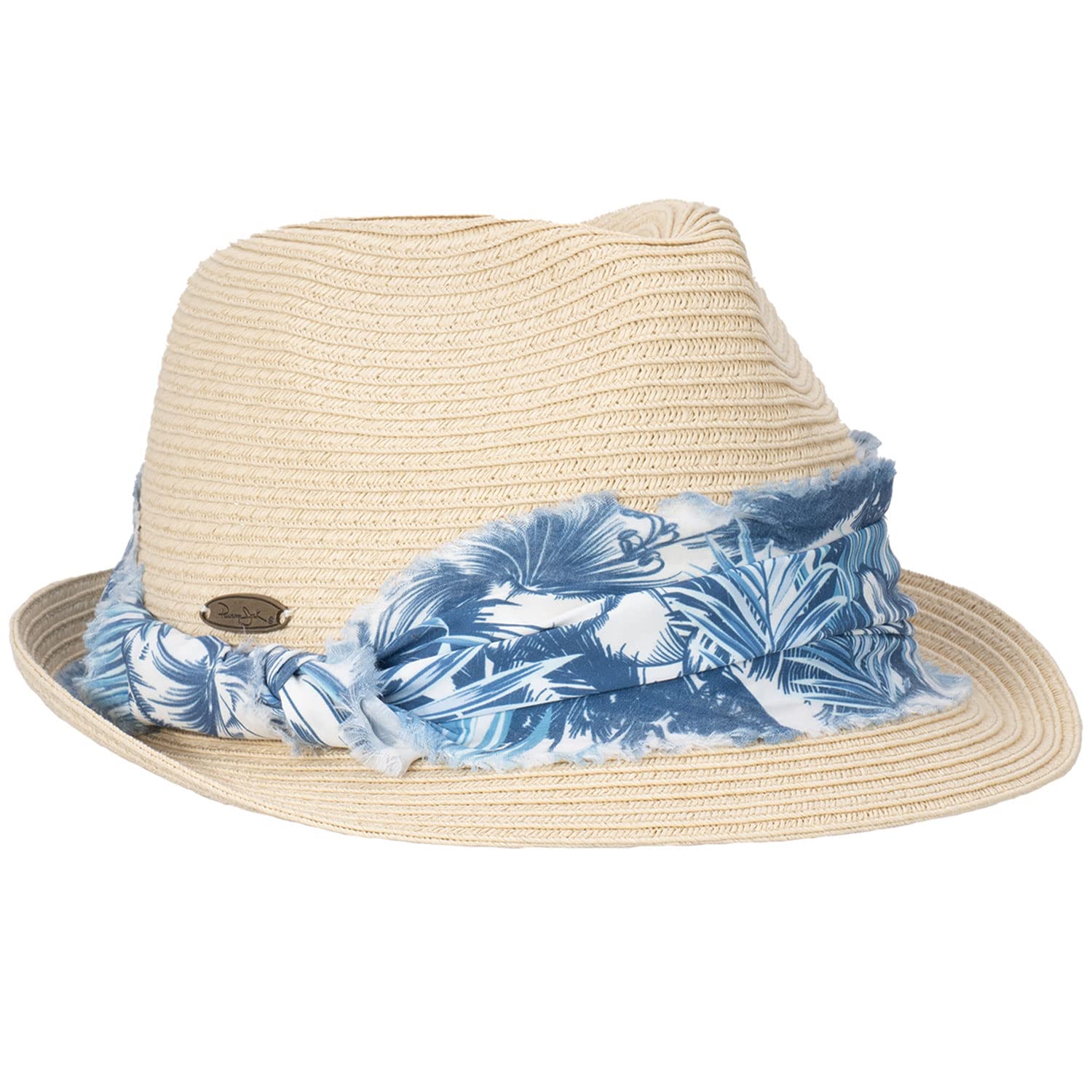 Panama Jack Women's Straw Fedora - Tropical Print Frayed Hat Band, Lightweight, Inner Sweatband, 1 3/4" Brim (Ivory)