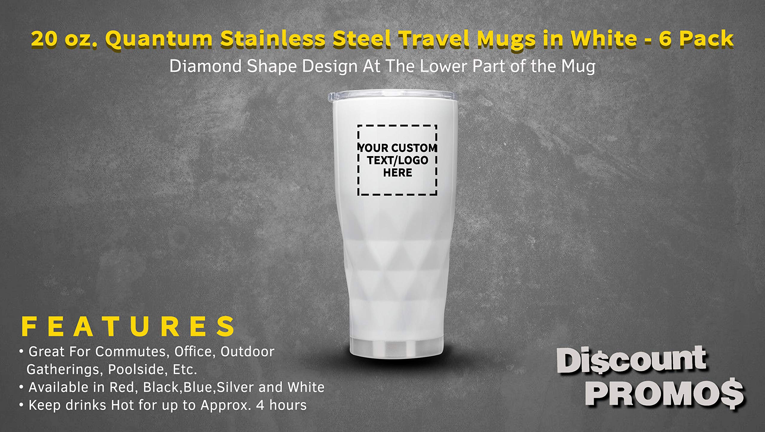 Personalized 20 oz. Quantum Stainless Steel Travel Mugs - 6 pack Custom Text, Logo - White