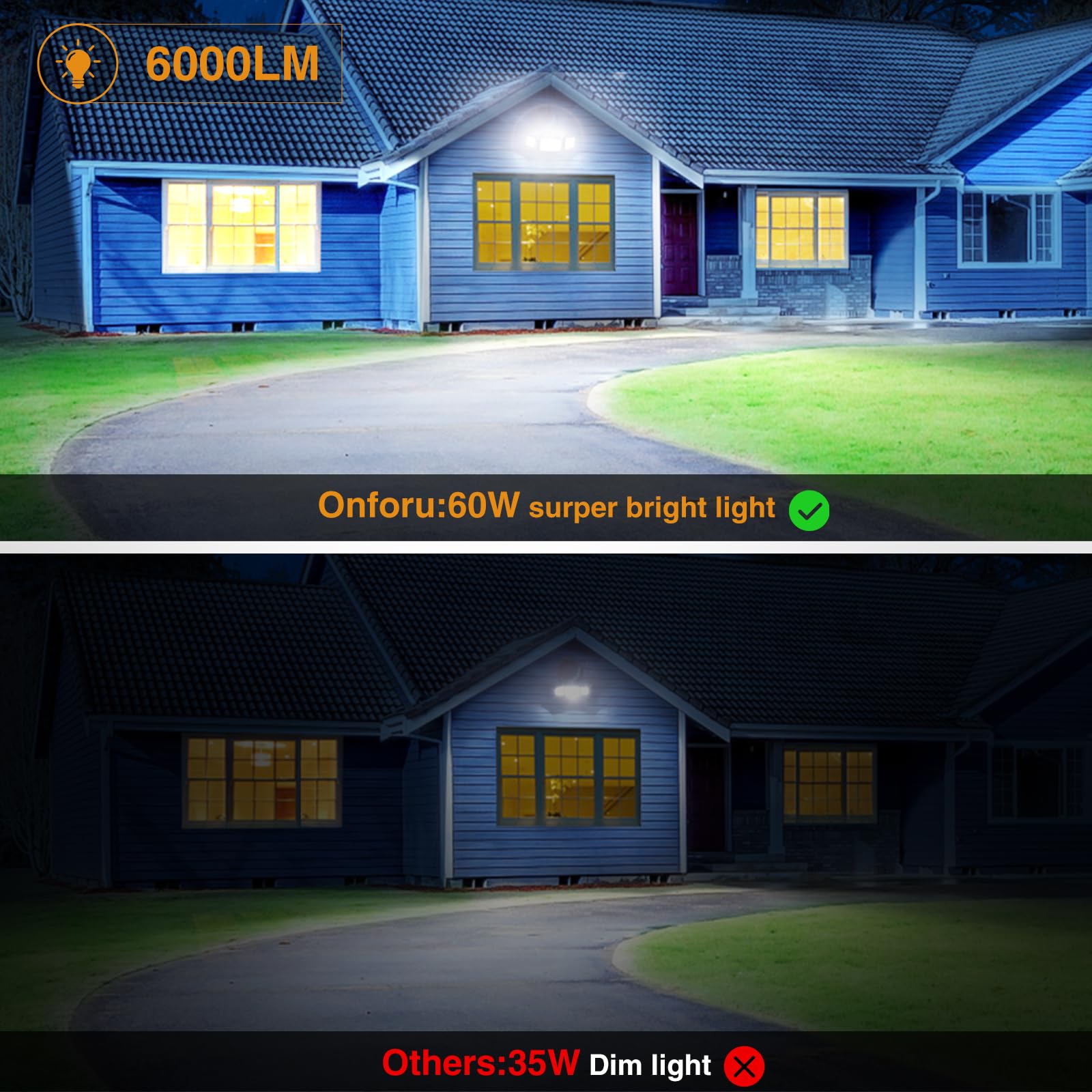 Onforu 2 Pack 60W Flood Lights Outdoor, 6000LM LED Flood Light Outdoor Switch Controlled, IP65 Waterproof Outdoor Flood Light Fixture with 3 Adjustable Heads, 6500K Security Light for Eave Garden Yard