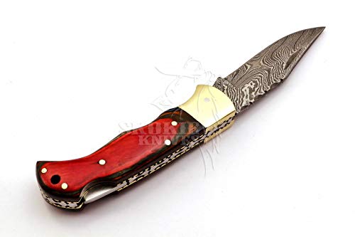 Skokie Knives Custom Hand Made Damascus Steel Hunting Folding Knife Handle Pakka Wood