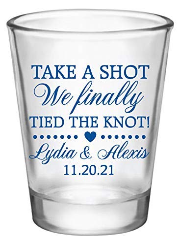 Personalized wedding favor shot glasses, take a shot we finally tied the knot, wedding favors for guests in bulk, custom shot glasses