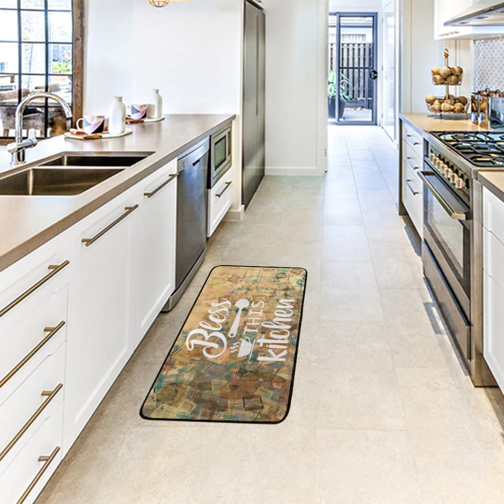 Kitchen Mat Non-Slip Kitchen Rug Bless This Kitchen Artistic Sketch Kitchen Doormat Runner Rug for Home Decor,39 x 20 Inch