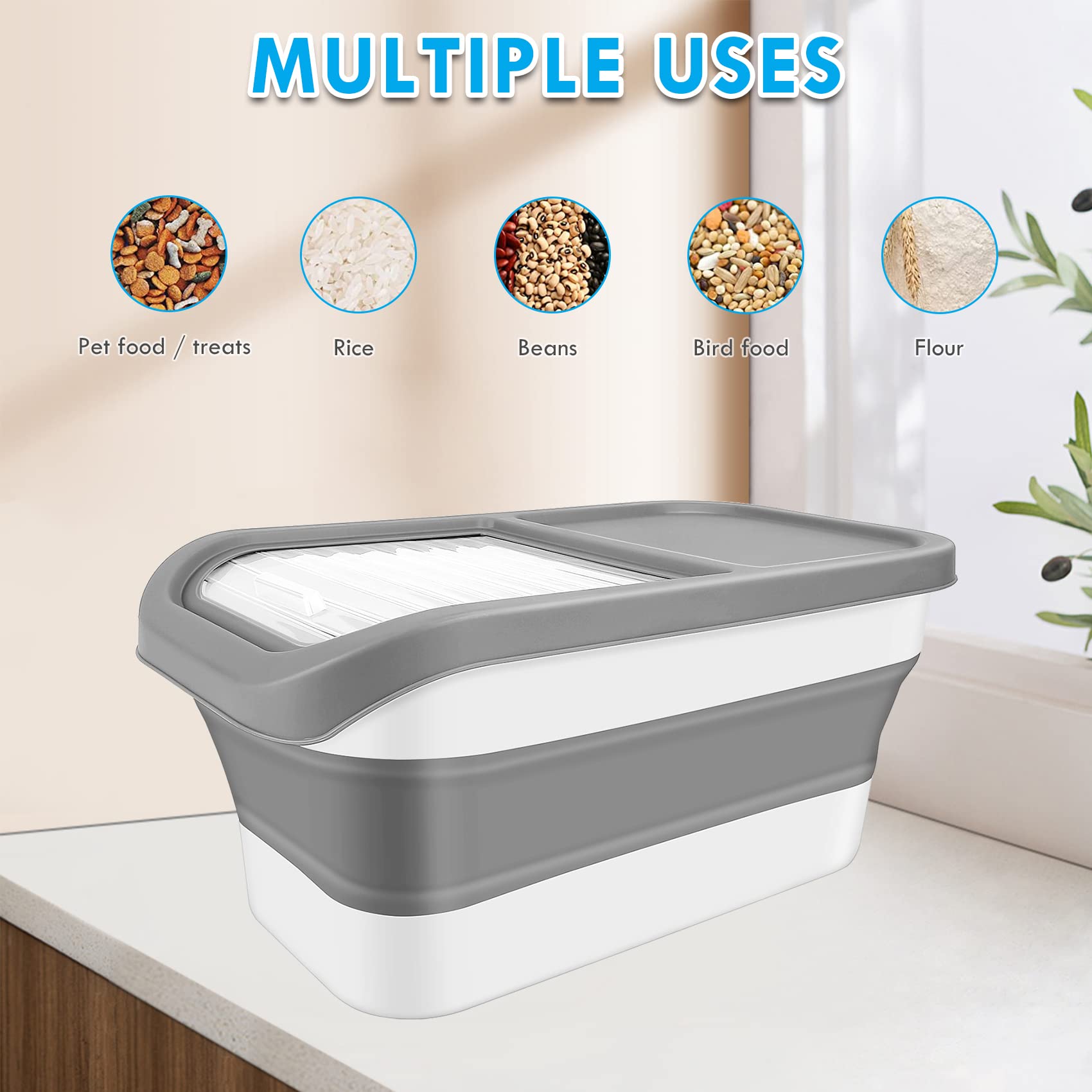 Micnaron Dog Food Storage Container, 13 LB Collapsible Pet Food Container Airtight Food Storage Bin with Lids Locking Bowl Kitchen Cereal Rice Dry Holder with Bowl & Shovel & Measuring Cup