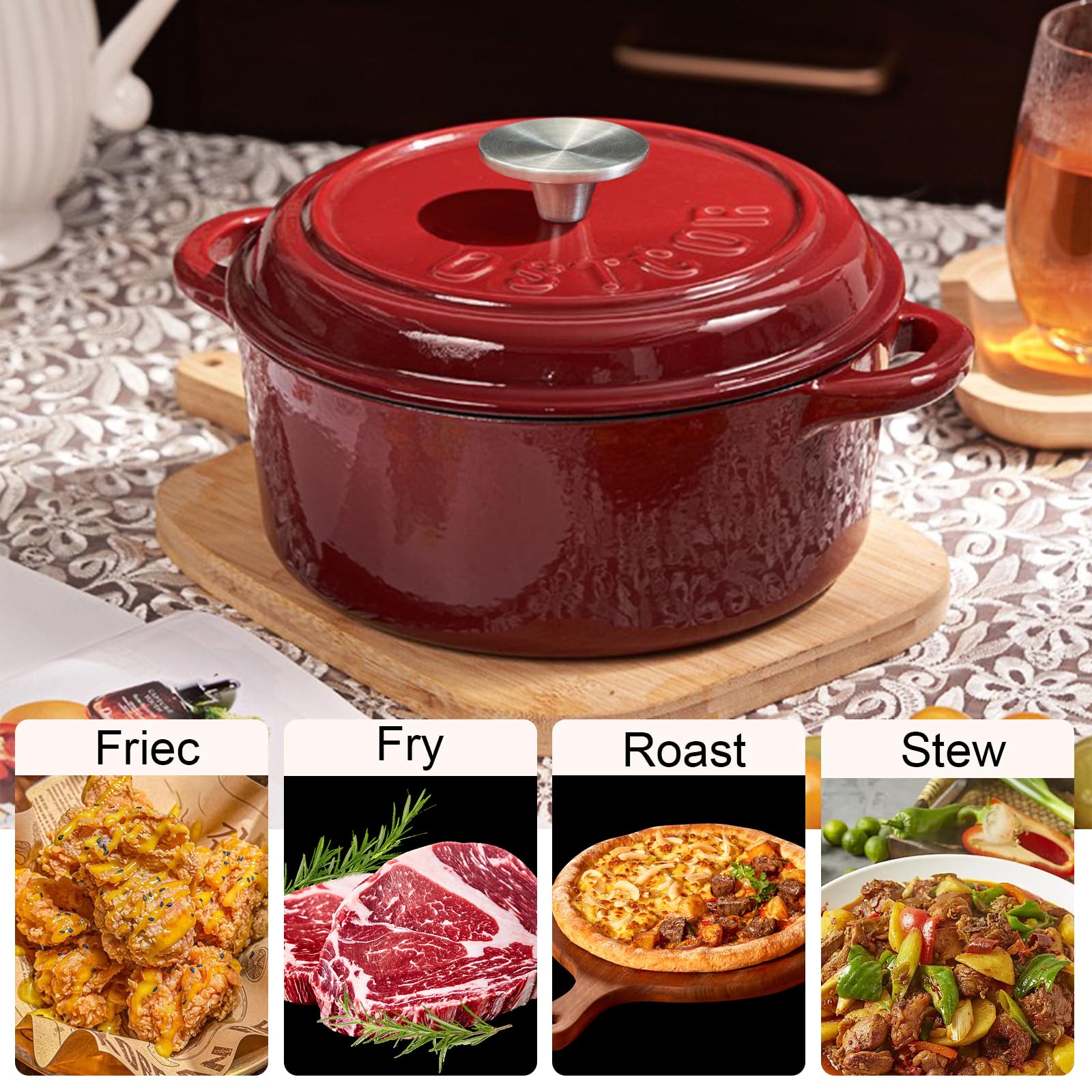 RIZTAIK 4.5 Quart Enamel Cast-Iron Round Dutch Ovenwith Lid and Dual Handlesfor Home,Kitchen, Dining Room, Non-stick Enamel Coated Cookware-red