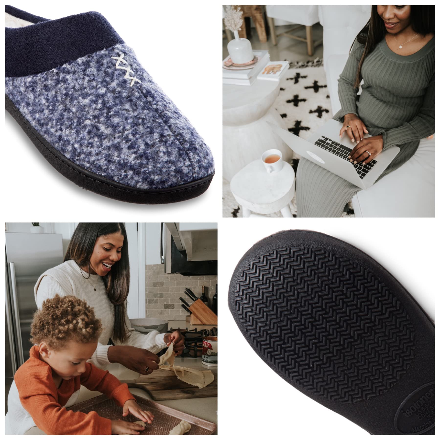 isotoner Women's Memory Foam Heather Knit Jessie Hoodback ECO Comfort Slip-On Slipper, Navy Blue, 8.5-9