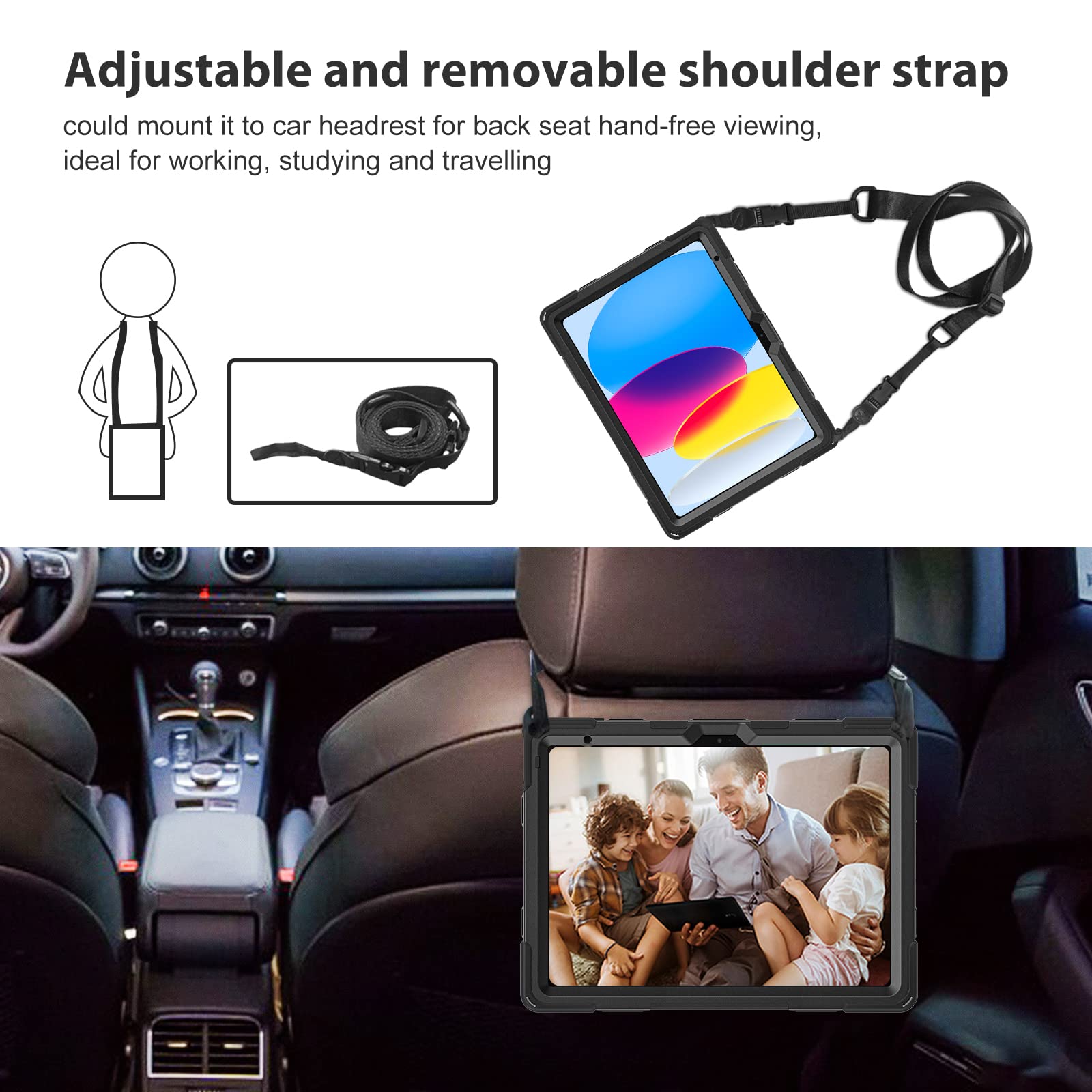 ProCase Heavy Duty Case for iPad 10th Generation 10.9 Inch 2022, Rugged Shockproof Cover Rotating Kickstand with Handle Holder Shoulder Strap for 10.9" iPad 10 –Black