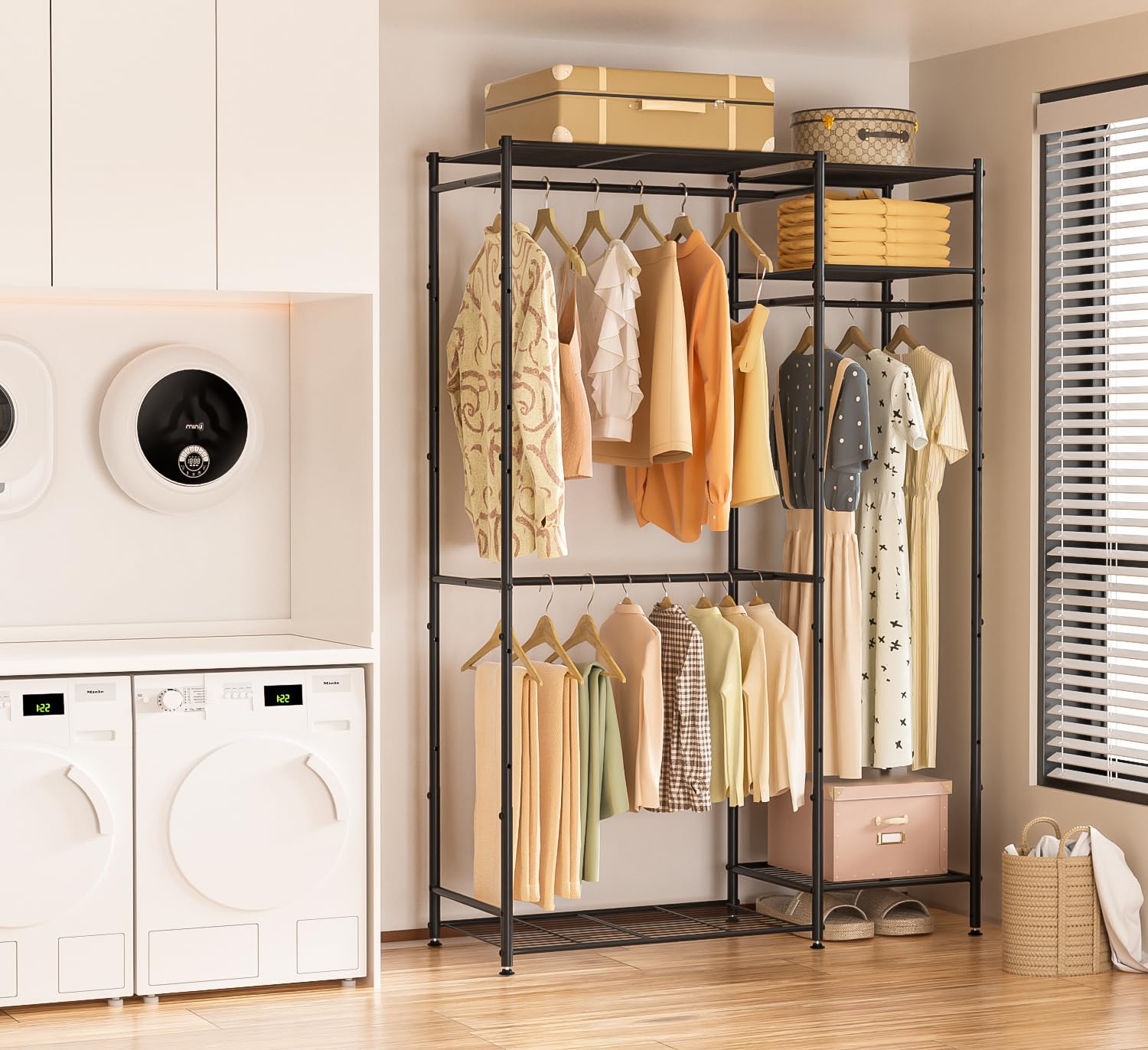 Portable Closets for Hanging Clothes, Freestanding Clothing Rack with 3 Hang Rods & 5 Shelves, Metal Wardrobe Garment Rack for Bedrooms Entrances