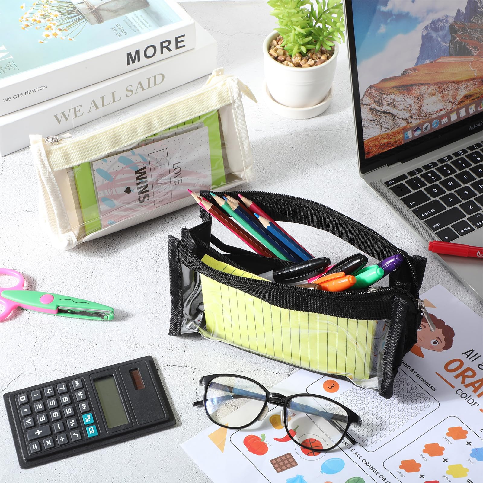 Sinload ββββ4 Pcs Pencil Case with Zipper Pencil Pouch for School 6 Layers Pencil Pouch Stationery Organizer Pencil Pouch Large Capacity for Pens, Makeup or Jewelry Violet, White, Black, Green