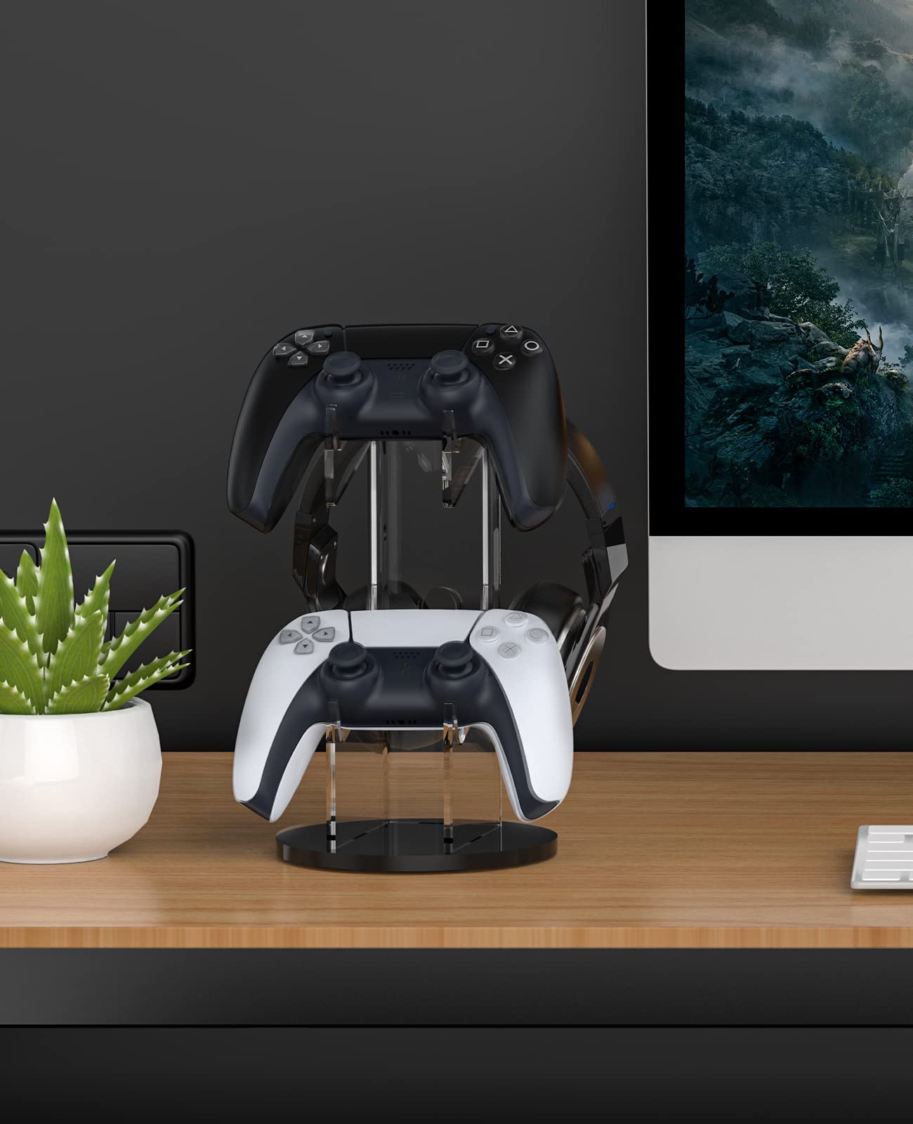 MoKo Universal Stand for Game Controller and Headset Stand, 2 in 1 Game Controller Stand Holder Storage Organizer for ps5, ps4, Xbox One, Xbox Series, Controller Stand Gaming Accessories, Black&Clear