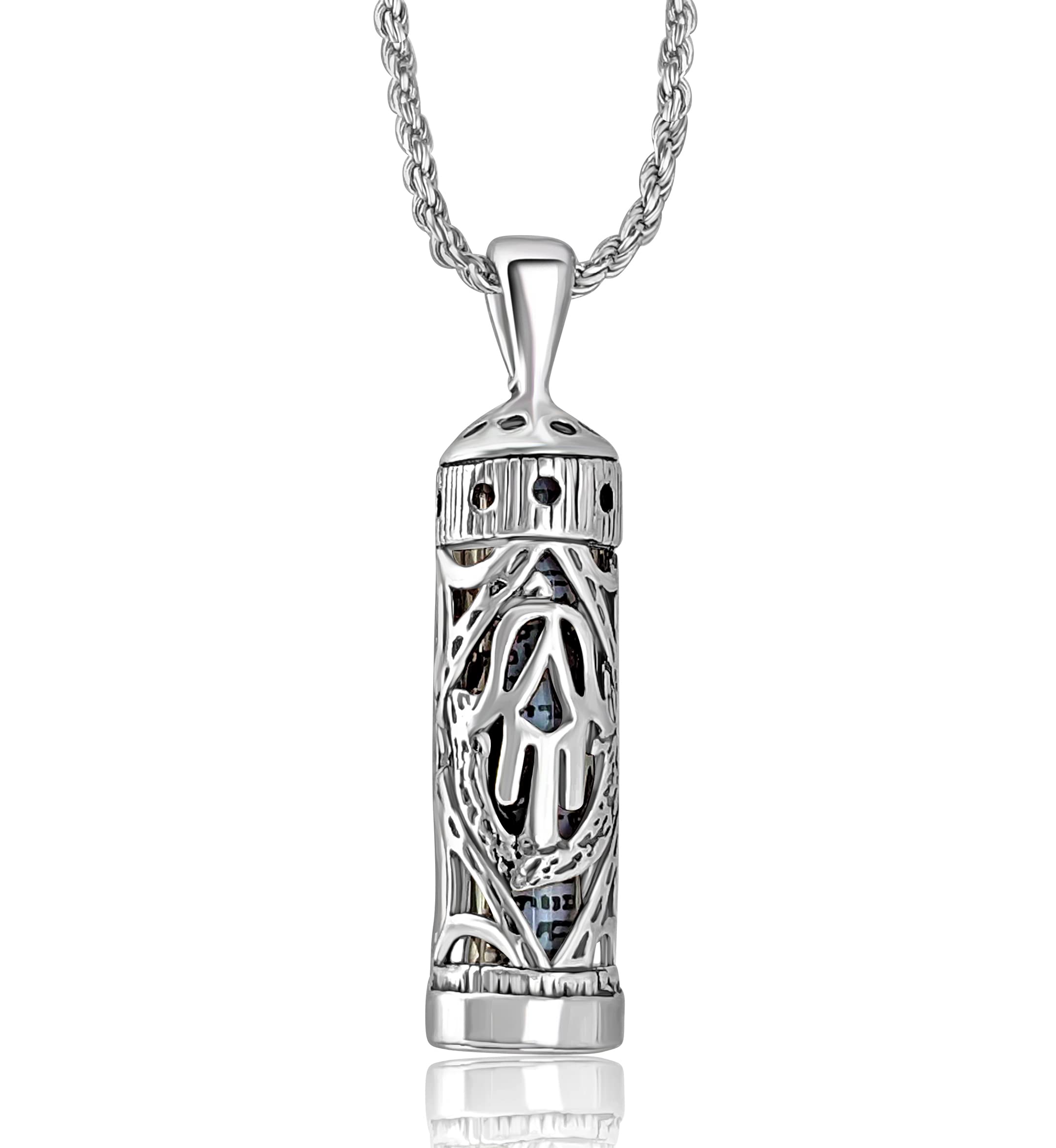 NanoStyle Mezuzah Necklace Bar Mitzvah Gifts 925 Sterling Silver Hamsa Hand Pendant Shema Israel Scroll Jewish Gifts from Israel for Men or Women, 20" Thick Silver Chain