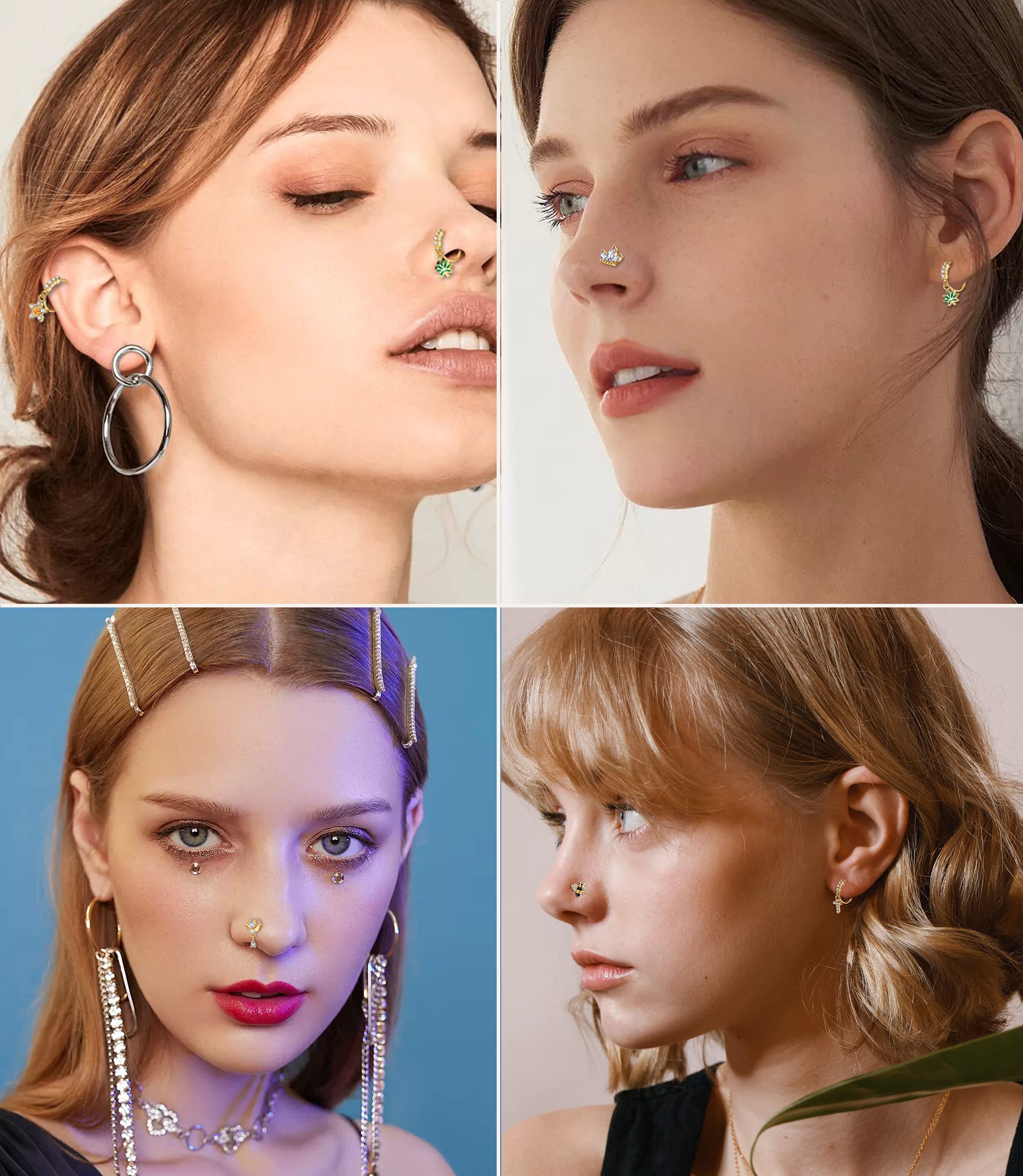 MJust 20G Dangle Nose Ring L Shaped Dangling Nose Stud for Women Stainless Steel Nose Ring Studs CZ Flower Dangle Nose Rings Hoops Nose Piercing Jewelry with Charm(Gold)