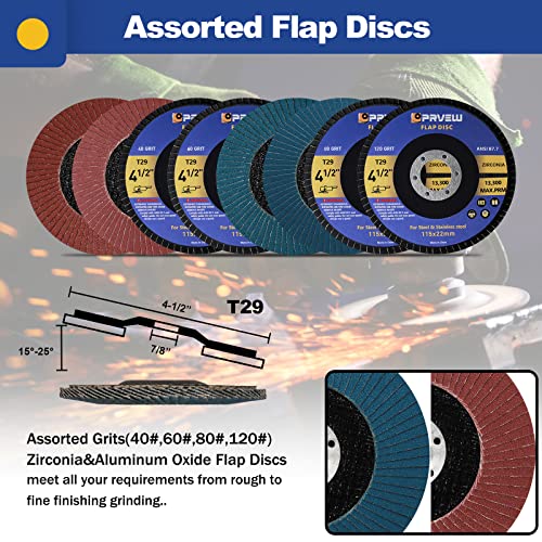 PRVEW 14PCS 4.5"x7/8β Flap Disc&Grinding Polishing Cutting Wheel Set, 8PC T29 Zirconia&Alumina Flap Disc 40 60 80 120Grit with Grinding and Cutting Wheel, Wool Felt Disc, Strip Disc for Angle Grinder