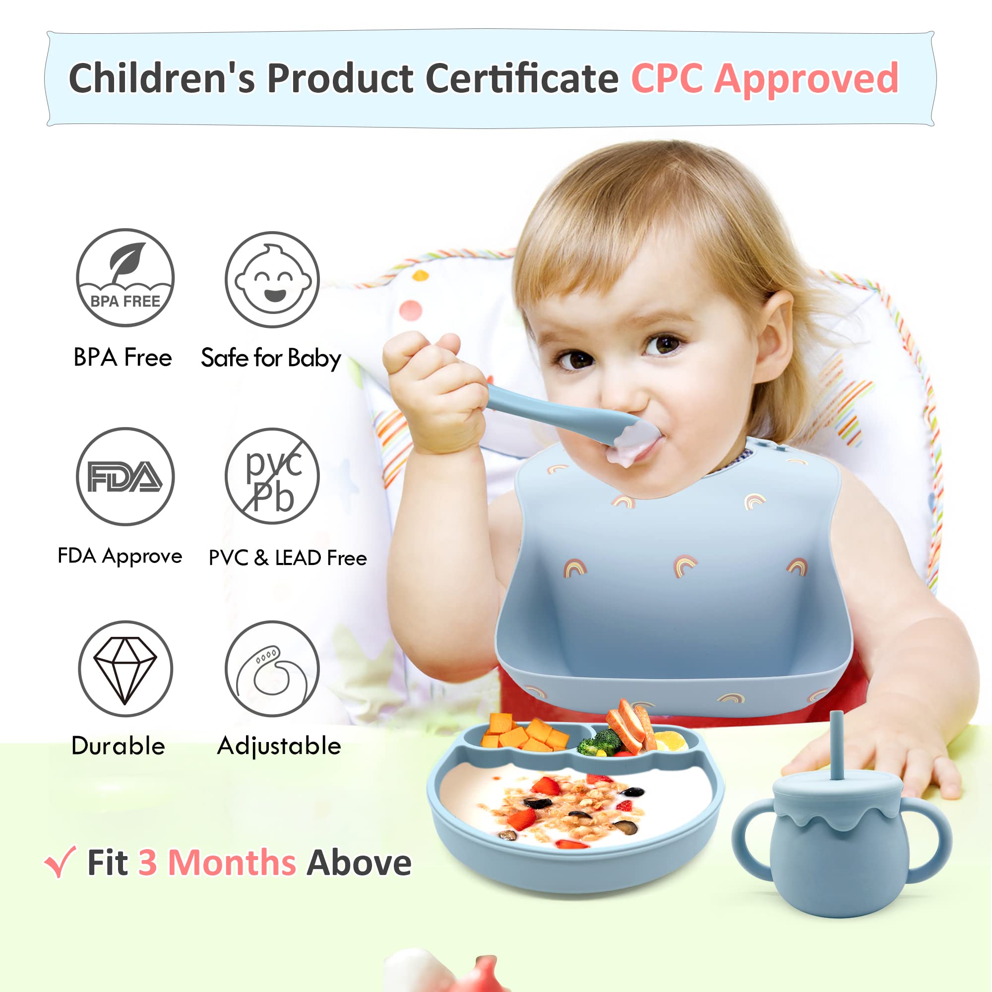 Santi & Me Silicone Bibs for Babies & Toddlers, Soft Waterproof Bibs with Food Catcher Pocket, Adjustable Baby Feeding Bibs 2 PCS (Beige&Dusty blue)